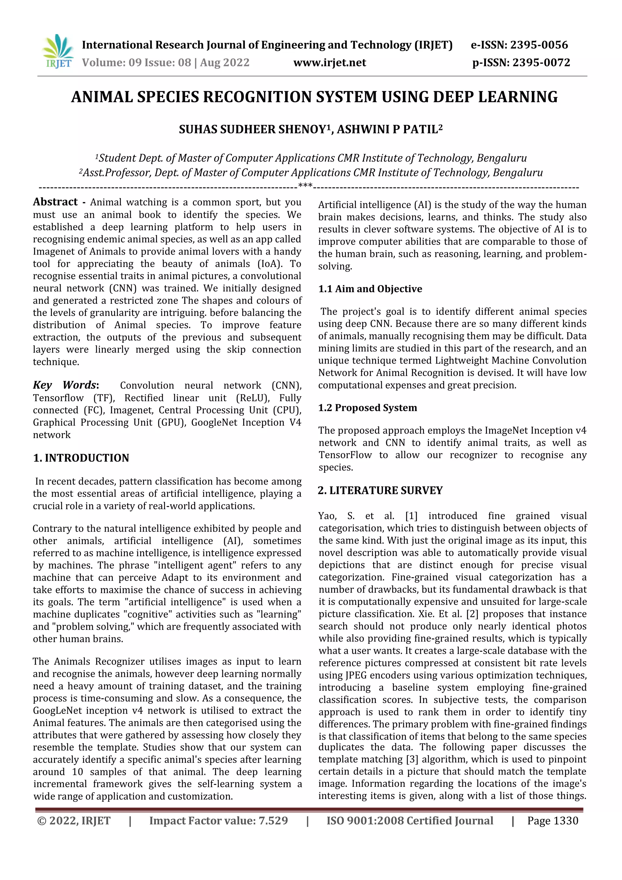 ANIMAL SPECIES RECOGNITION SYSTEM USING DEEP LEARNING | PDF