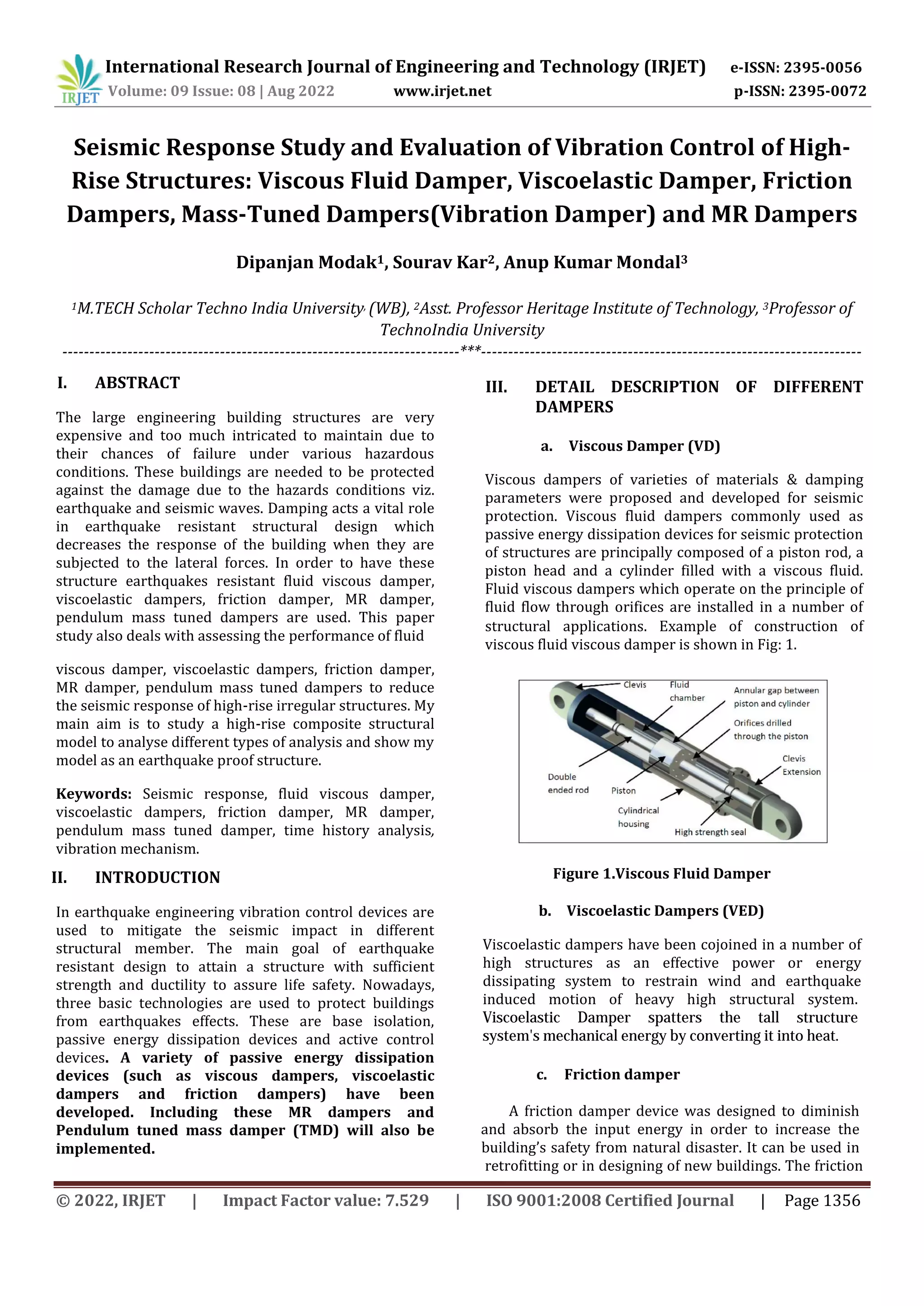 Seismic Response Study and Evaluation of Vibration Control of High- Rise Structures: Viscous ...