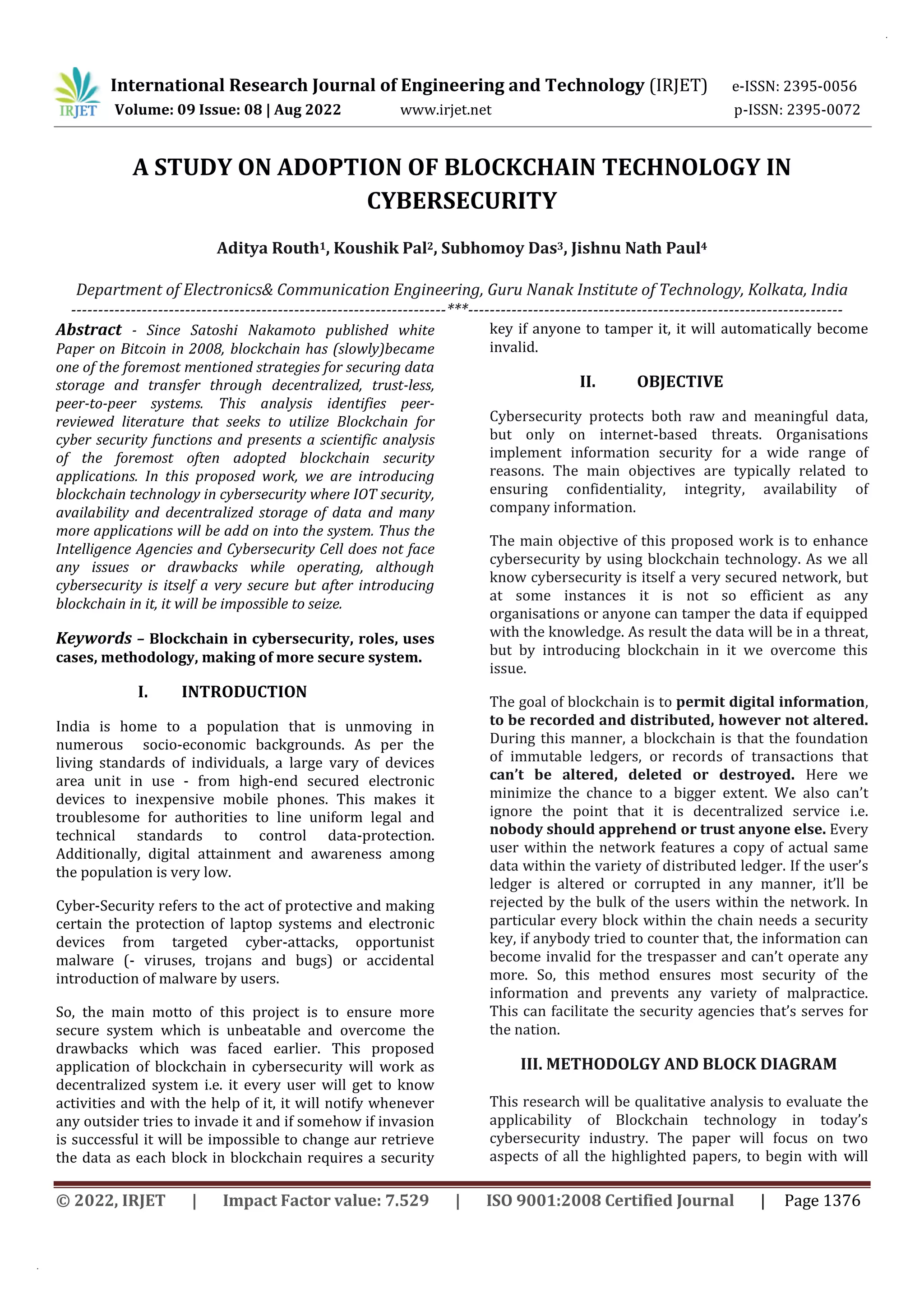 A STUDY ON ADOPTION OF BLOCKCHAIN TECHNOLOGY IN CYBERSECURITY | PDF