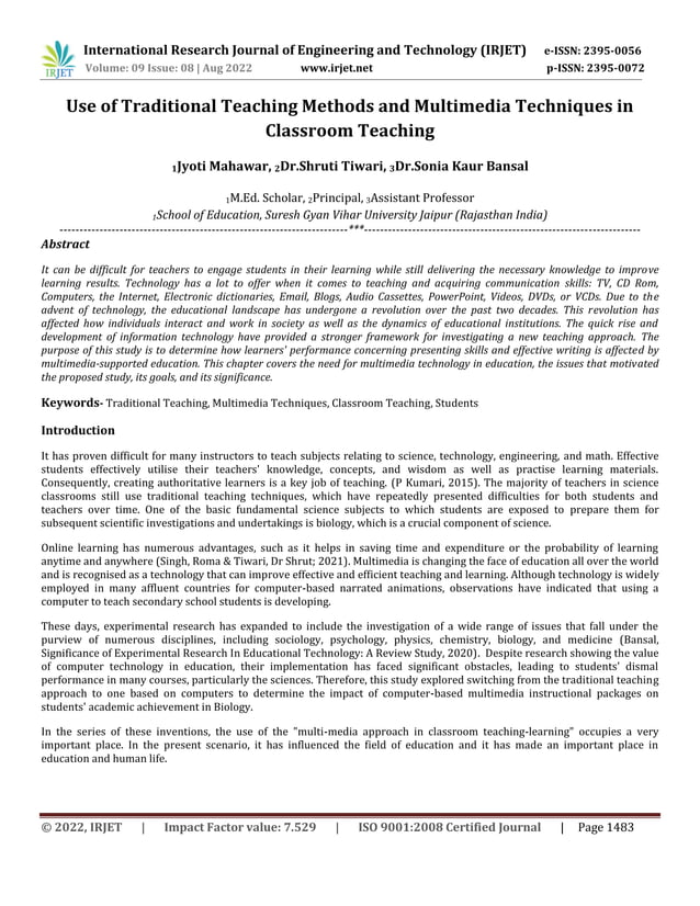 Use of Traditional Teaching Methods and Multimedia Techniques in ...