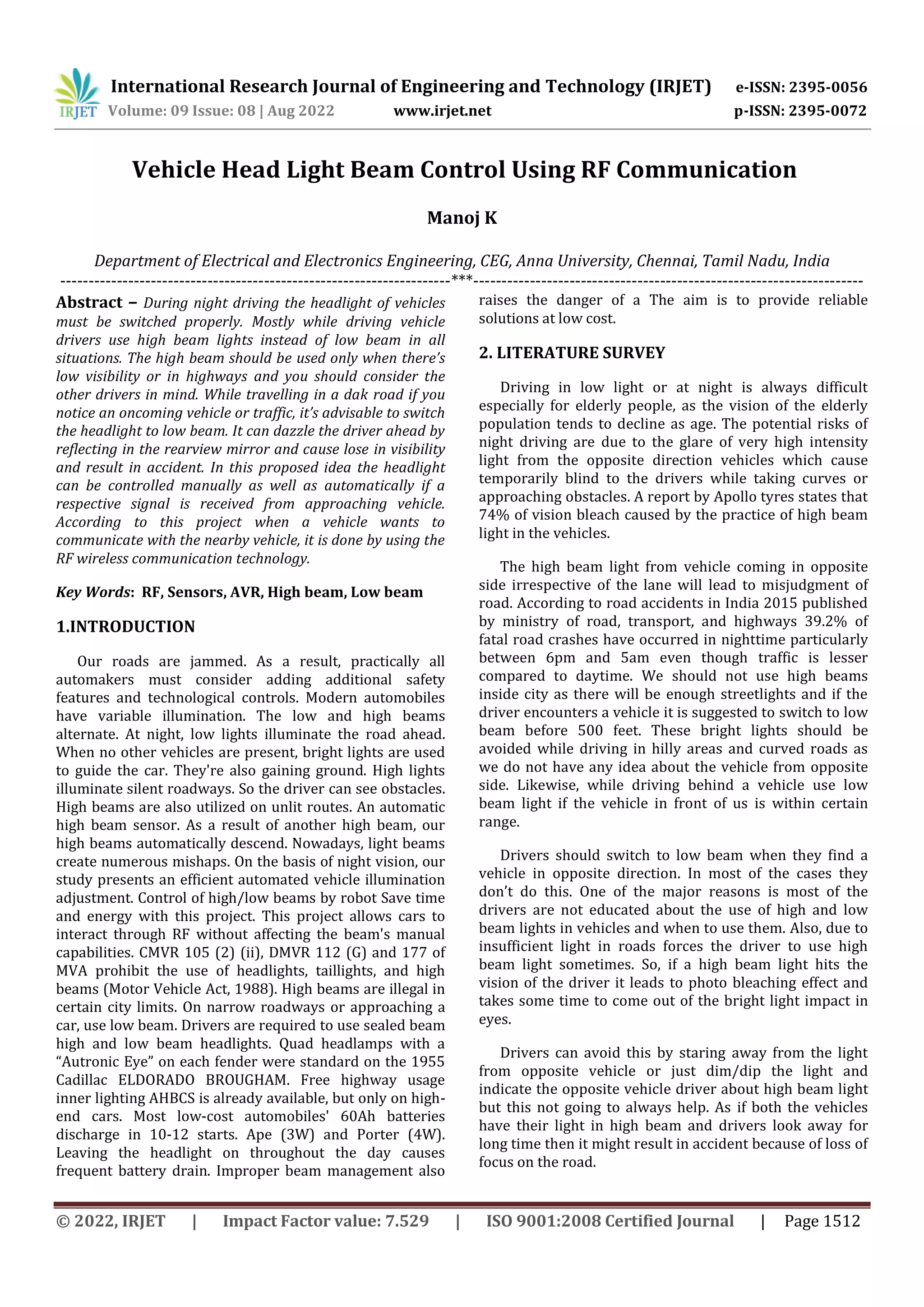 Vehicle Head Light Beam Control Using RF Communication | PDF
