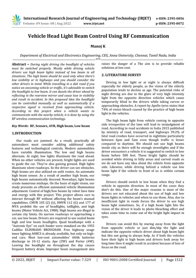 Vehicle Head Light Beam Control Using RF Communication | PDF