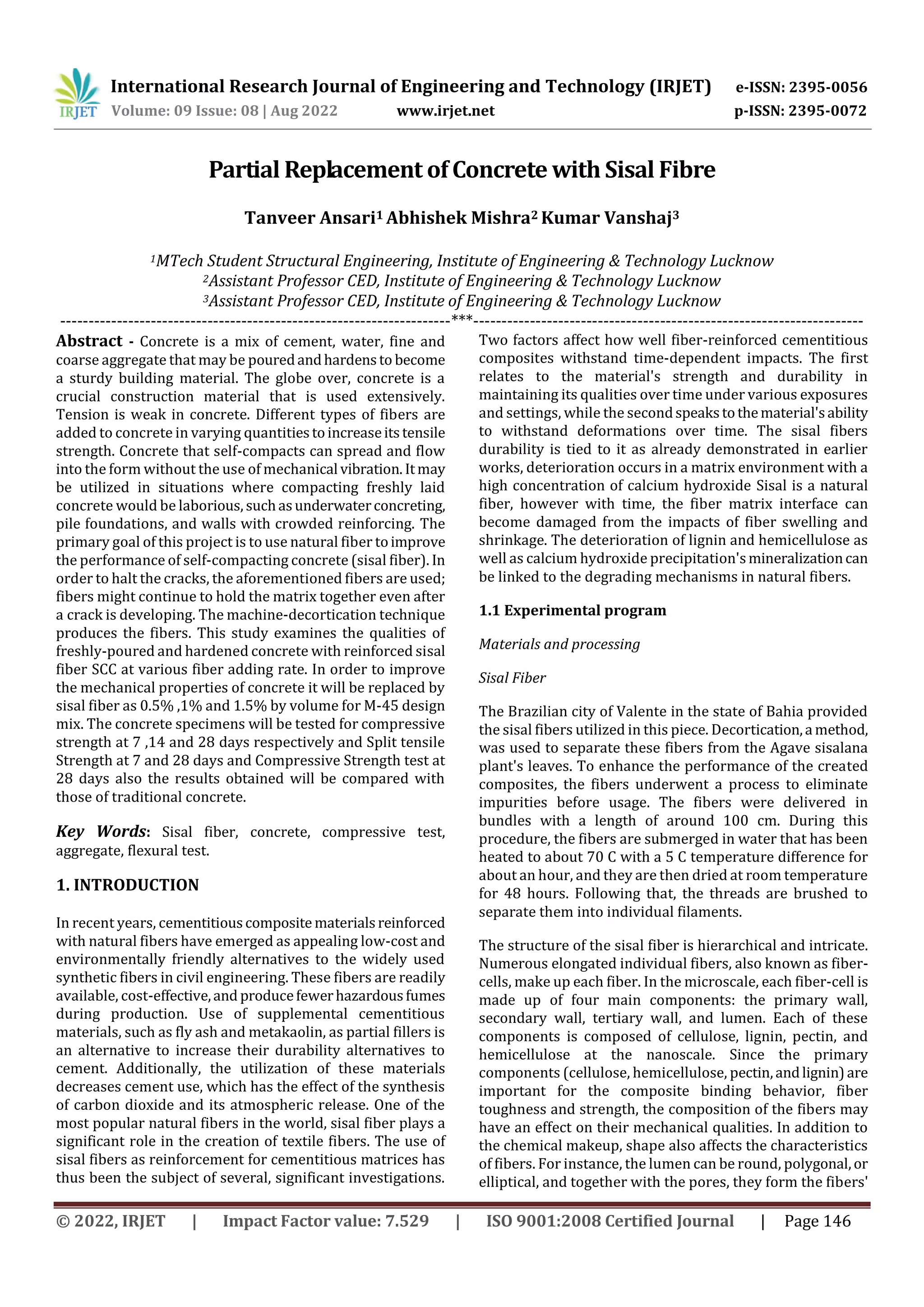 Partial Replacement of Concrete with Sisal Fibre | PDF