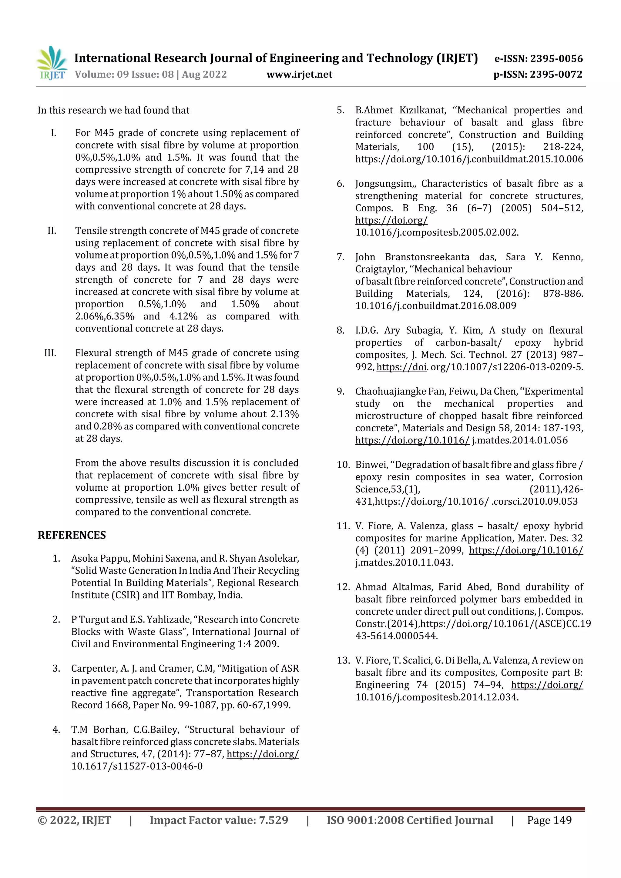 Partial Replacement of Concrete with Sisal Fibre | PDF
