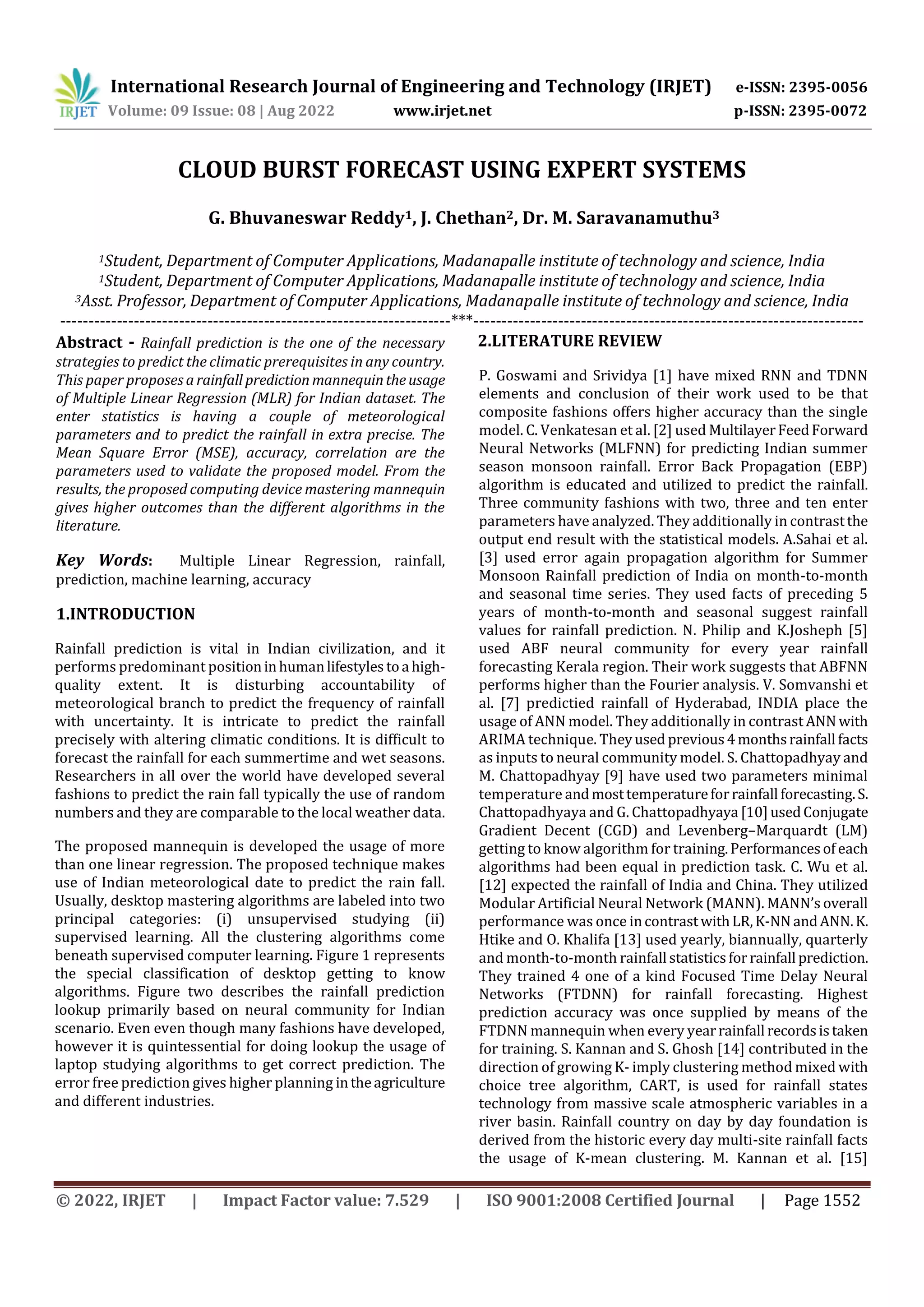CLOUD BURST FORECAST USING EXPERT SYSTEMS | PDF