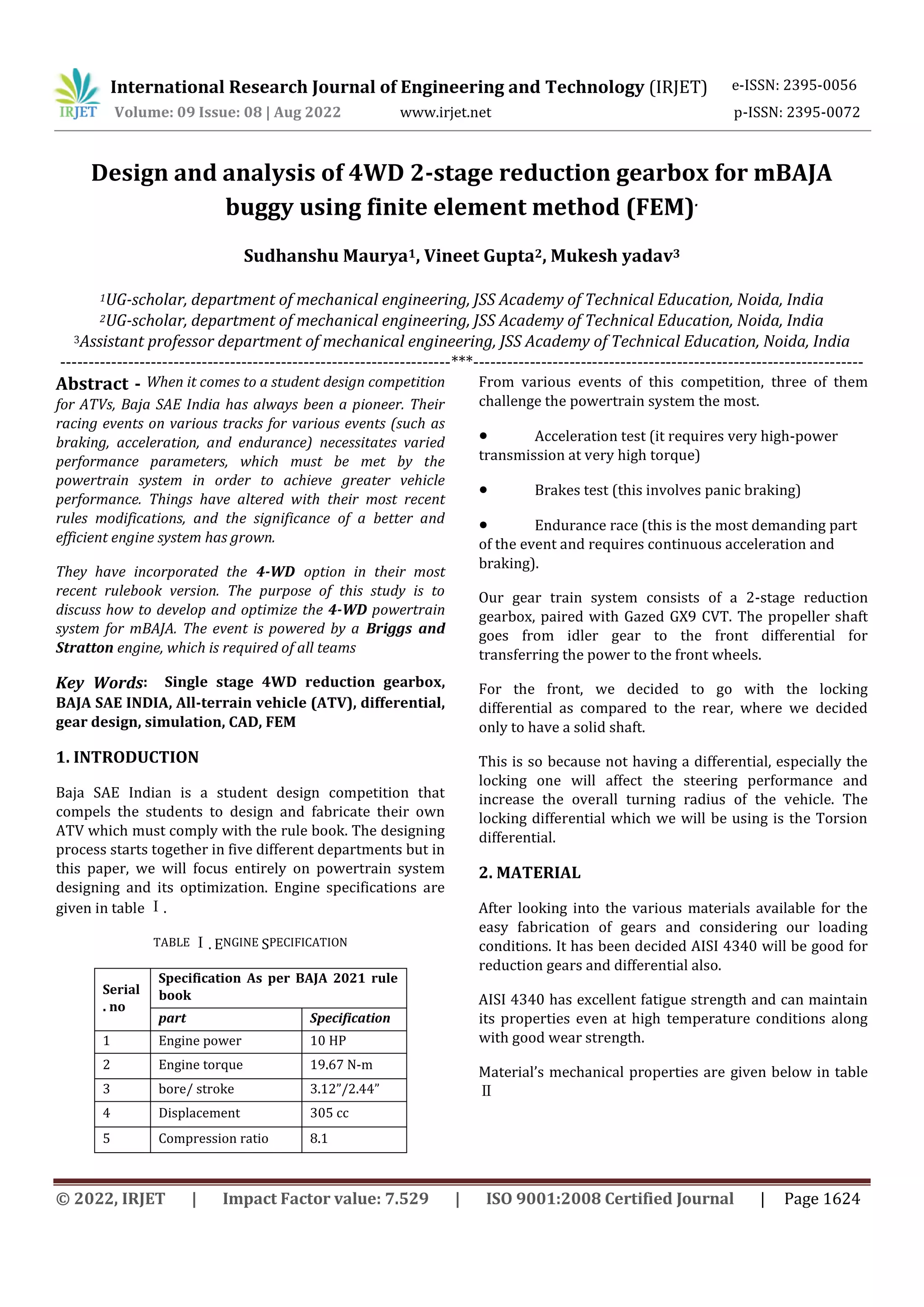 Design and analysis of 4WD 2-stage reduction gearbox for mBAJA buggy ...