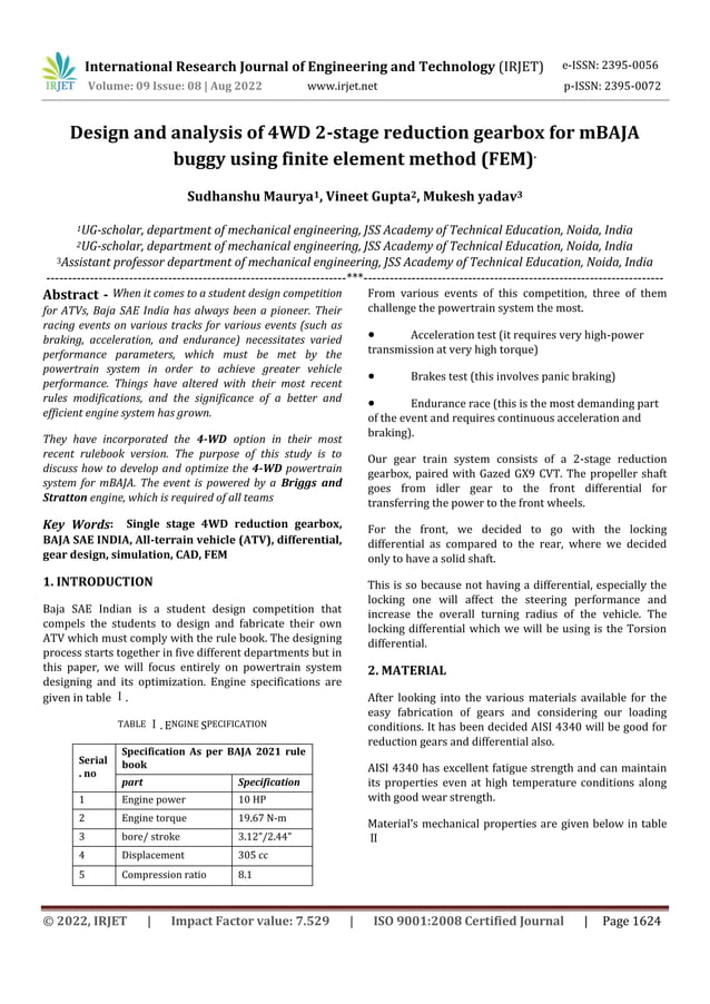 Design and analysis of 4WD 2-stage reduction gearbox for mBAJA buggy ...