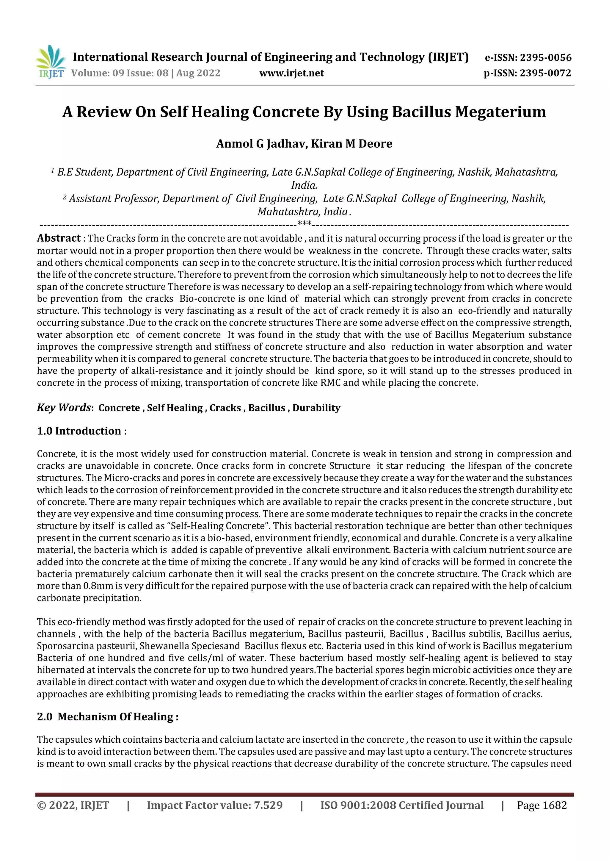 A Review On Self Healing Concrete By Using Bacillus Megaterium | PDF