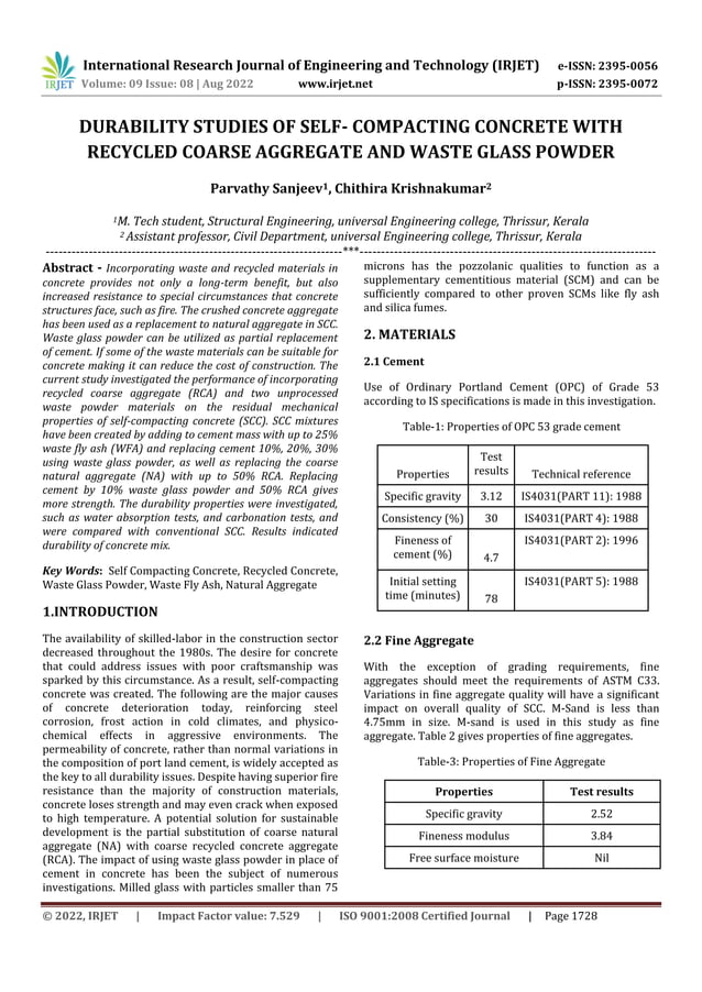 DURABILITY STUDIES OF SELF- COMPACTING CONCRETE WITH RECYCLED COARSE ...