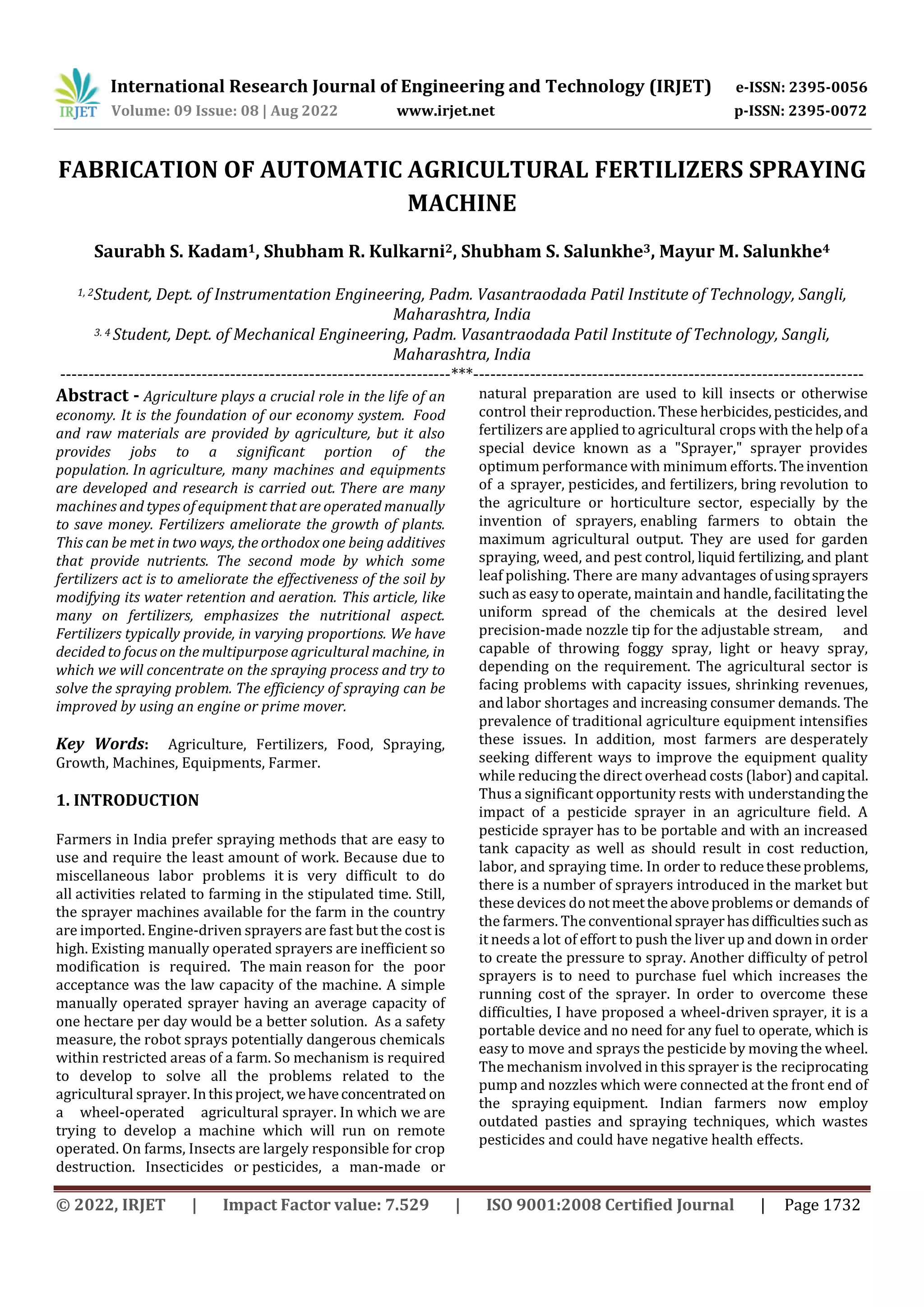 FABRICATION OF AUTOMATIC AGRICULTURAL FERTILIZERS SPRAYING MACHINE | PDF
