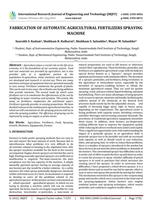 FABRICATION OF AUTOMATIC AGRICULTURAL FERTILIZERS SPRAYING MACHINE | PDF