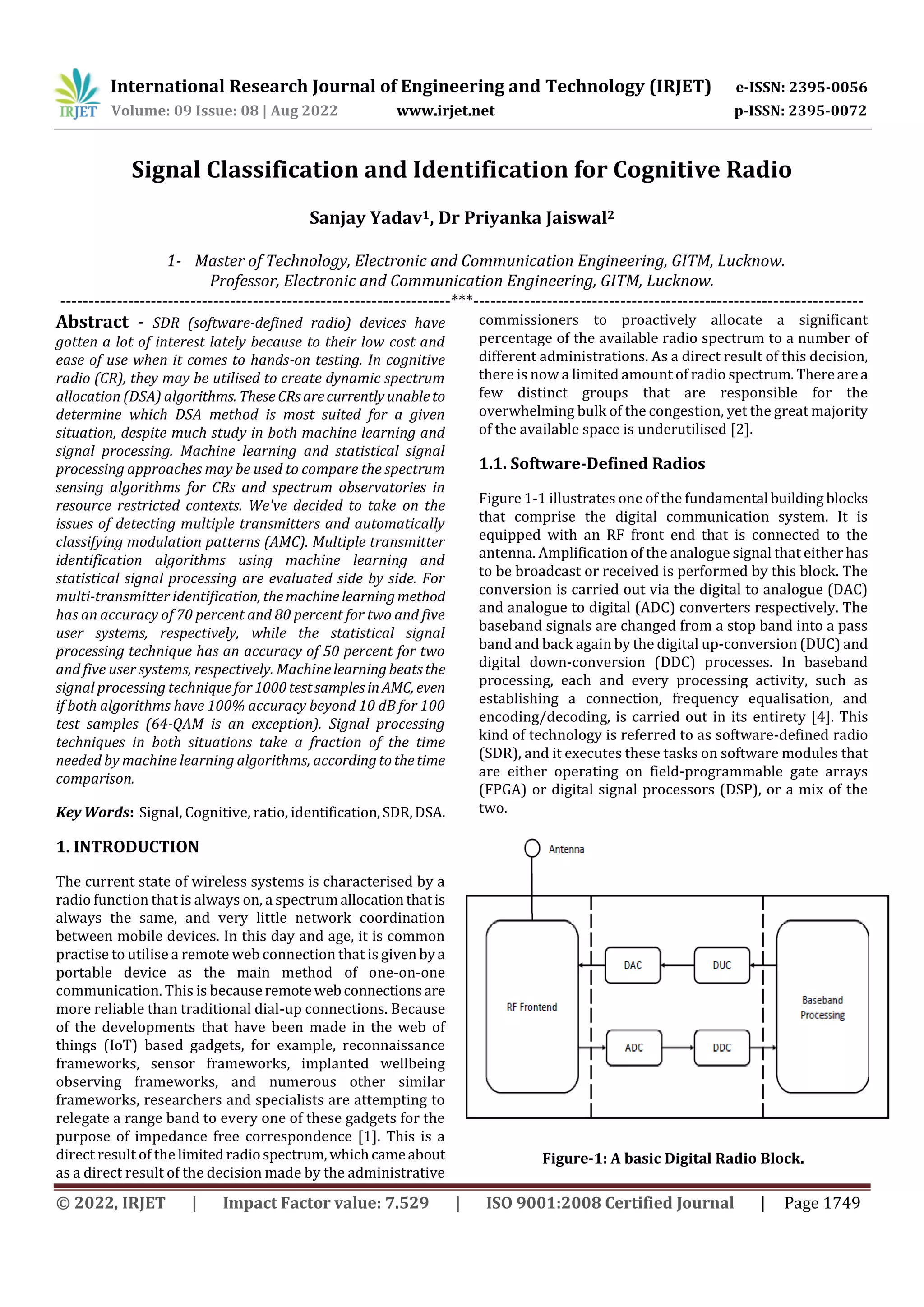 Signal Classification and Identification for Cognitive Radio | PDF