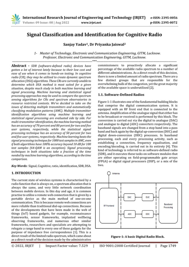 Signal Classification and Identification for Cognitive Radio | PDF