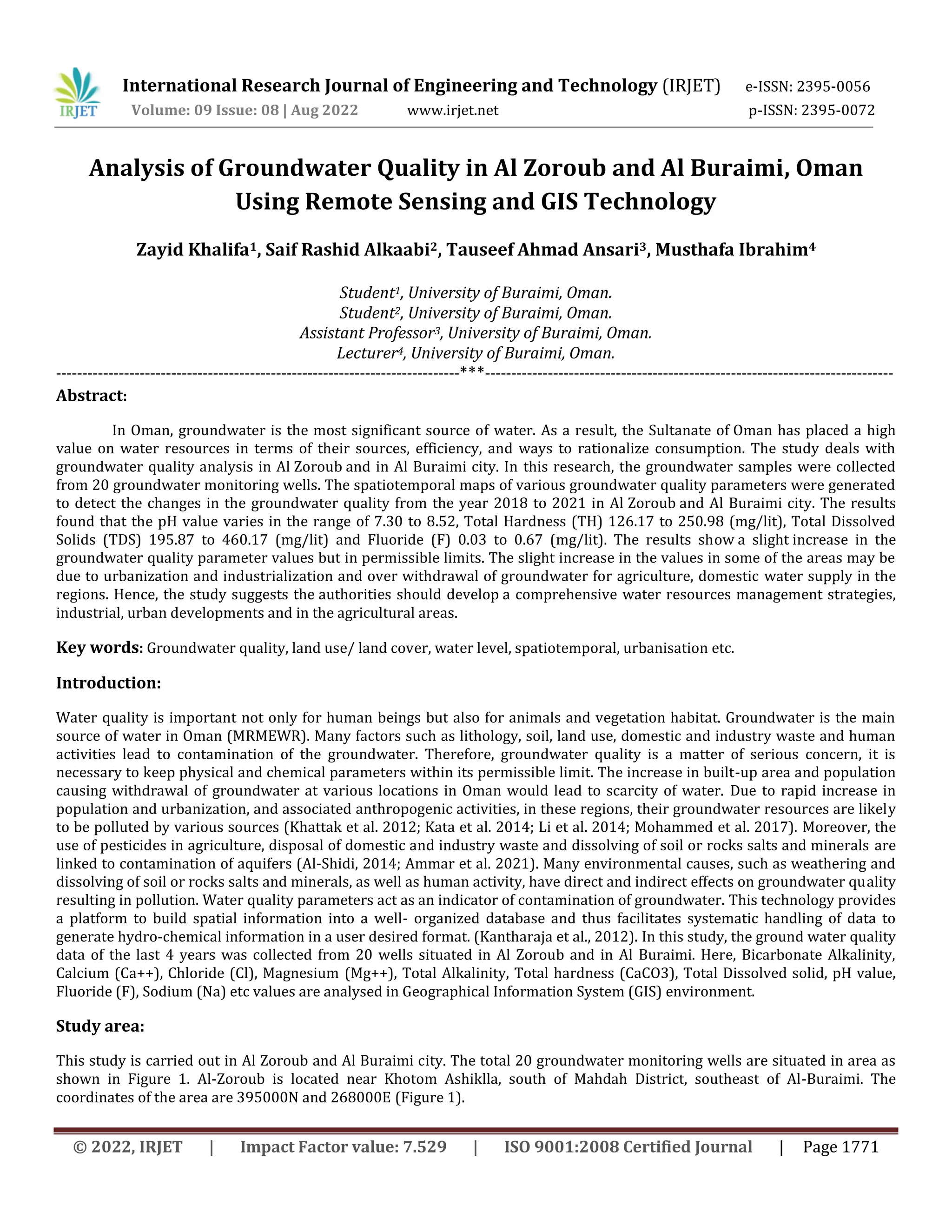 Analysis of Groundwater Quality in Al Zoroub and Al Buraimi, Oman Using ...