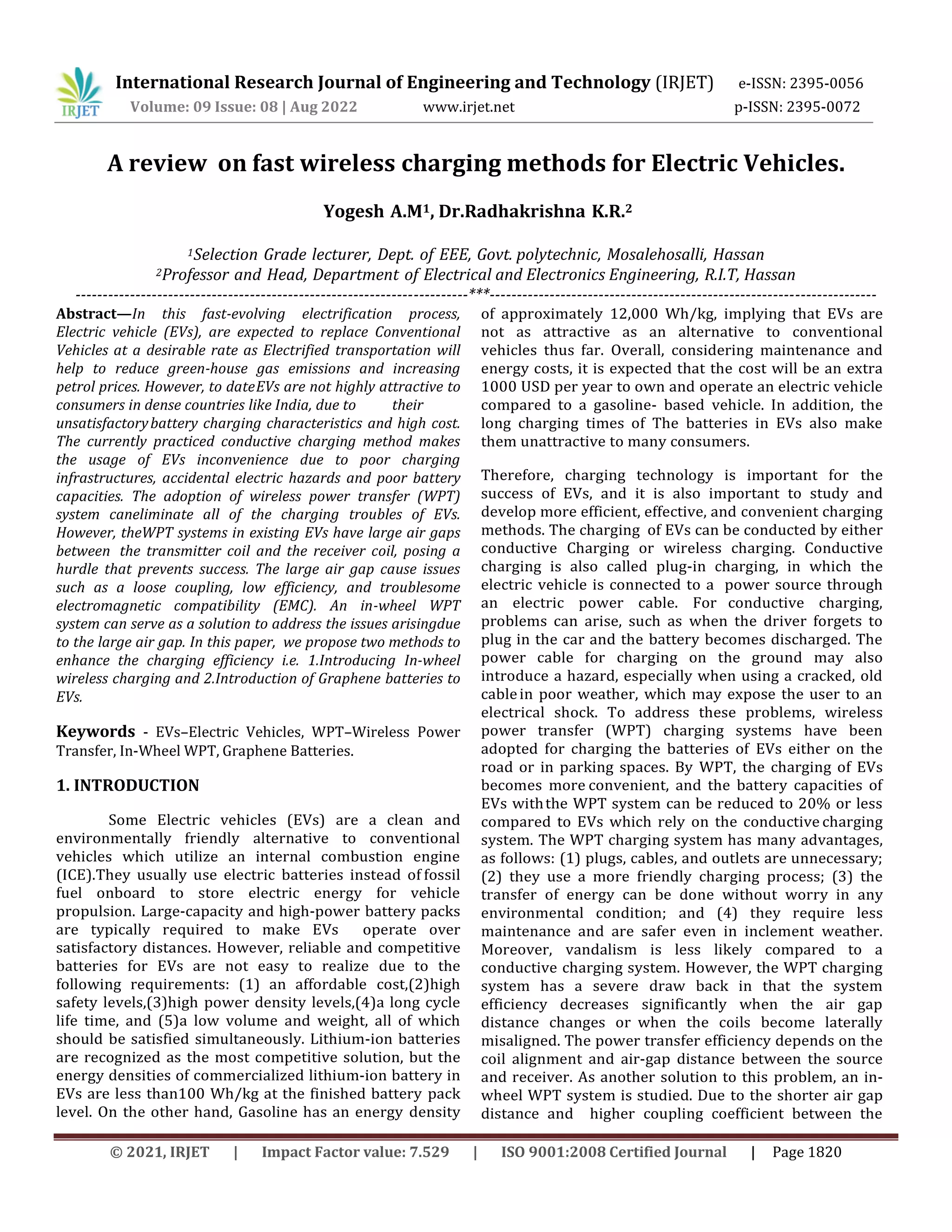 A review on fast wireless charging methods for Electric Vehicles. | PDF