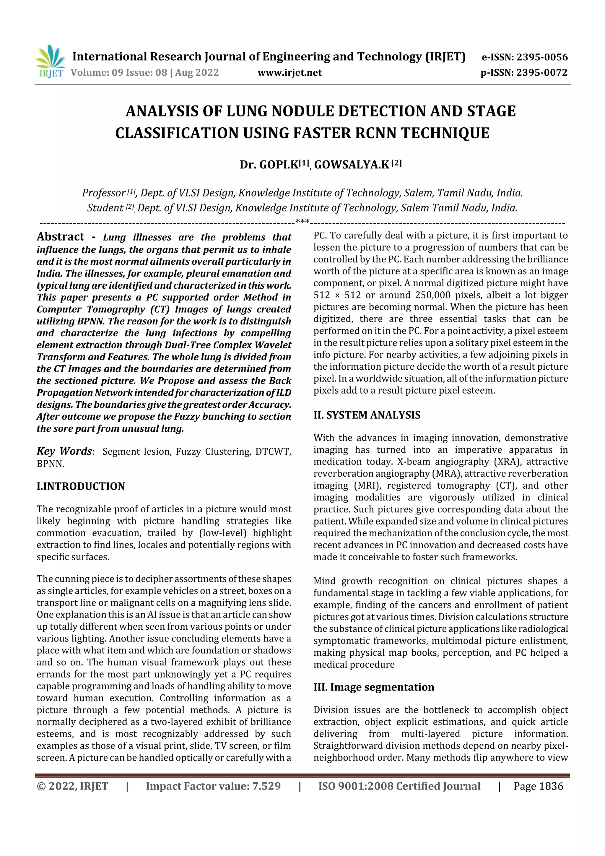 ANALYSIS OF LUNG NODULE DETECTION AND STAGE CLASSIFICATION USING FASTER RCNN TECHNIQUE | PDF