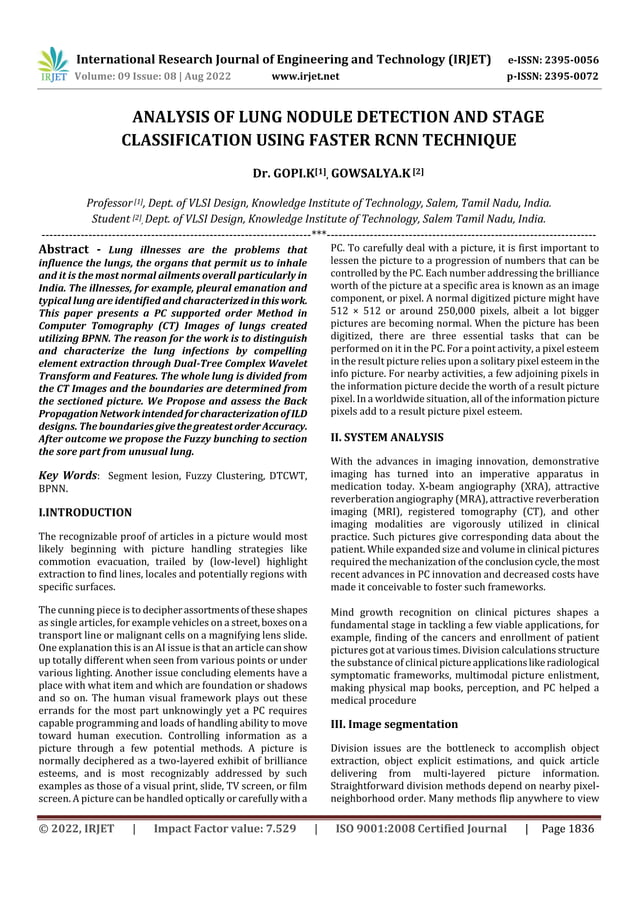 Analysis Of Lung Nodule Detection And Stage Classification Using Faster Rcnn Technique Pdf