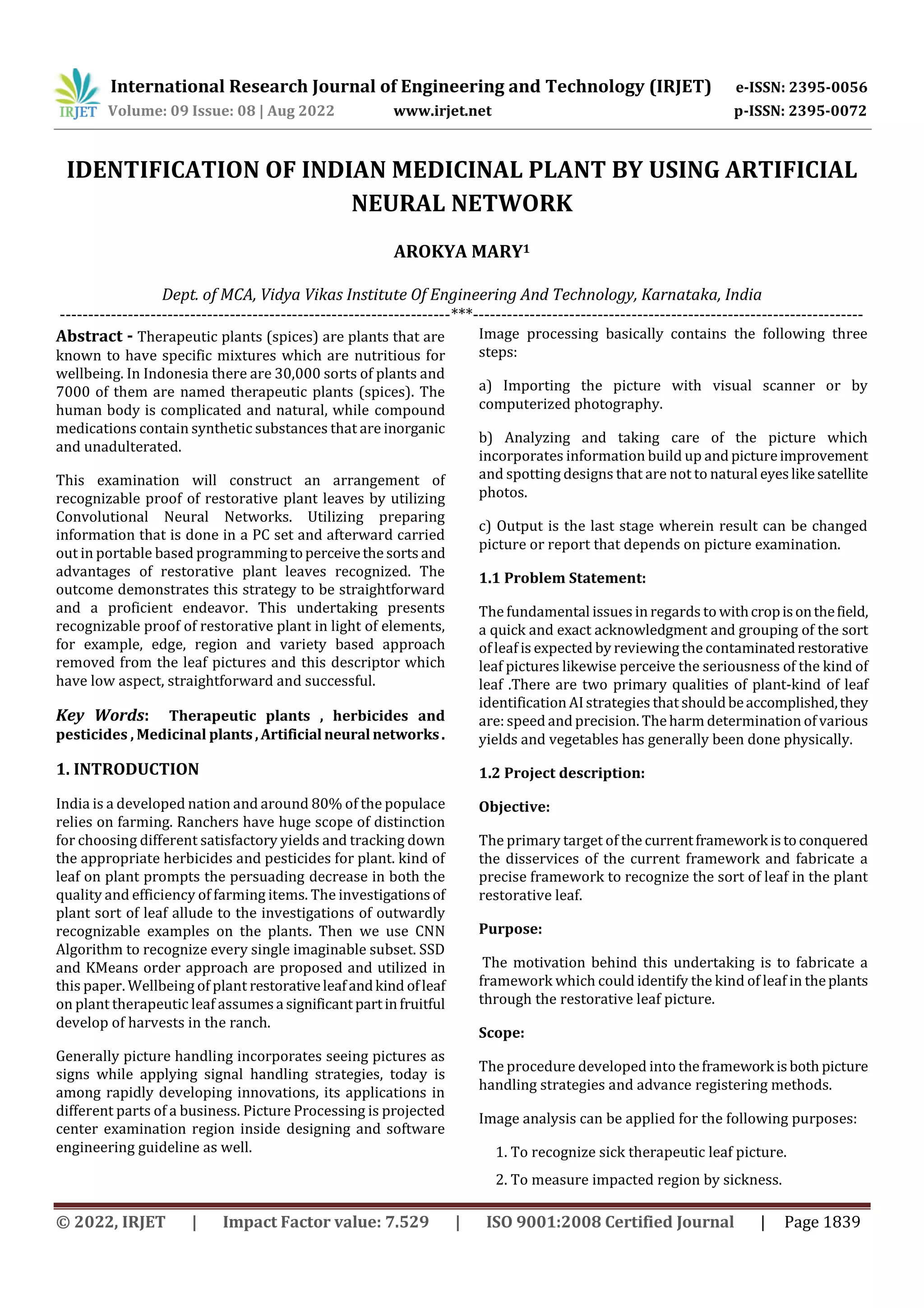 IDENTIFICATION OF INDIAN MEDICINAL PLANT BY USING ARTIFICIAL NEURAL ...