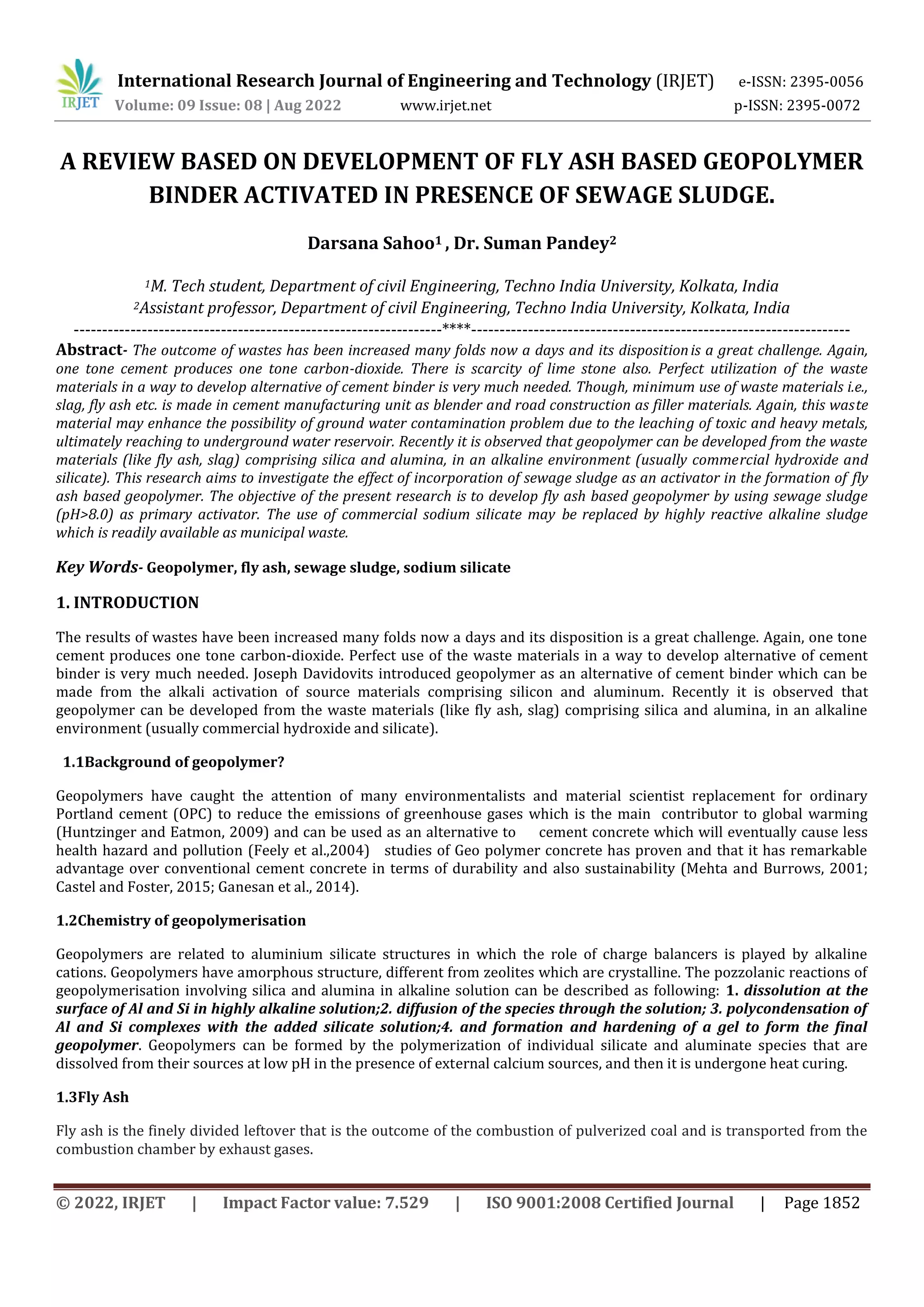 A REVIEW BASED ON DEVELOPMENT OF FLY ASH BASED GEOPOLYMER BINDER ...