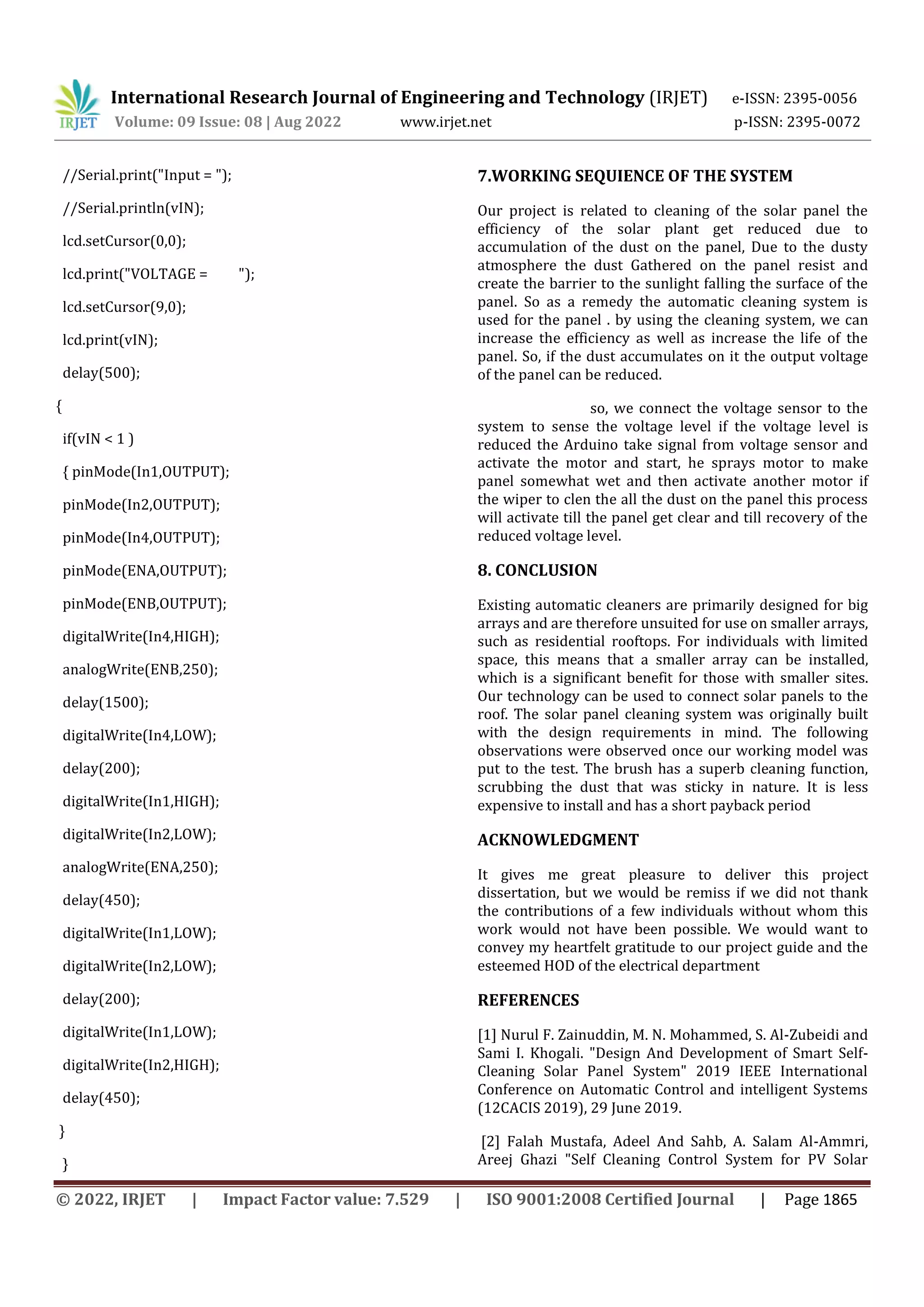 Automatic Solar Panel Cleaner using Arduino | PDF