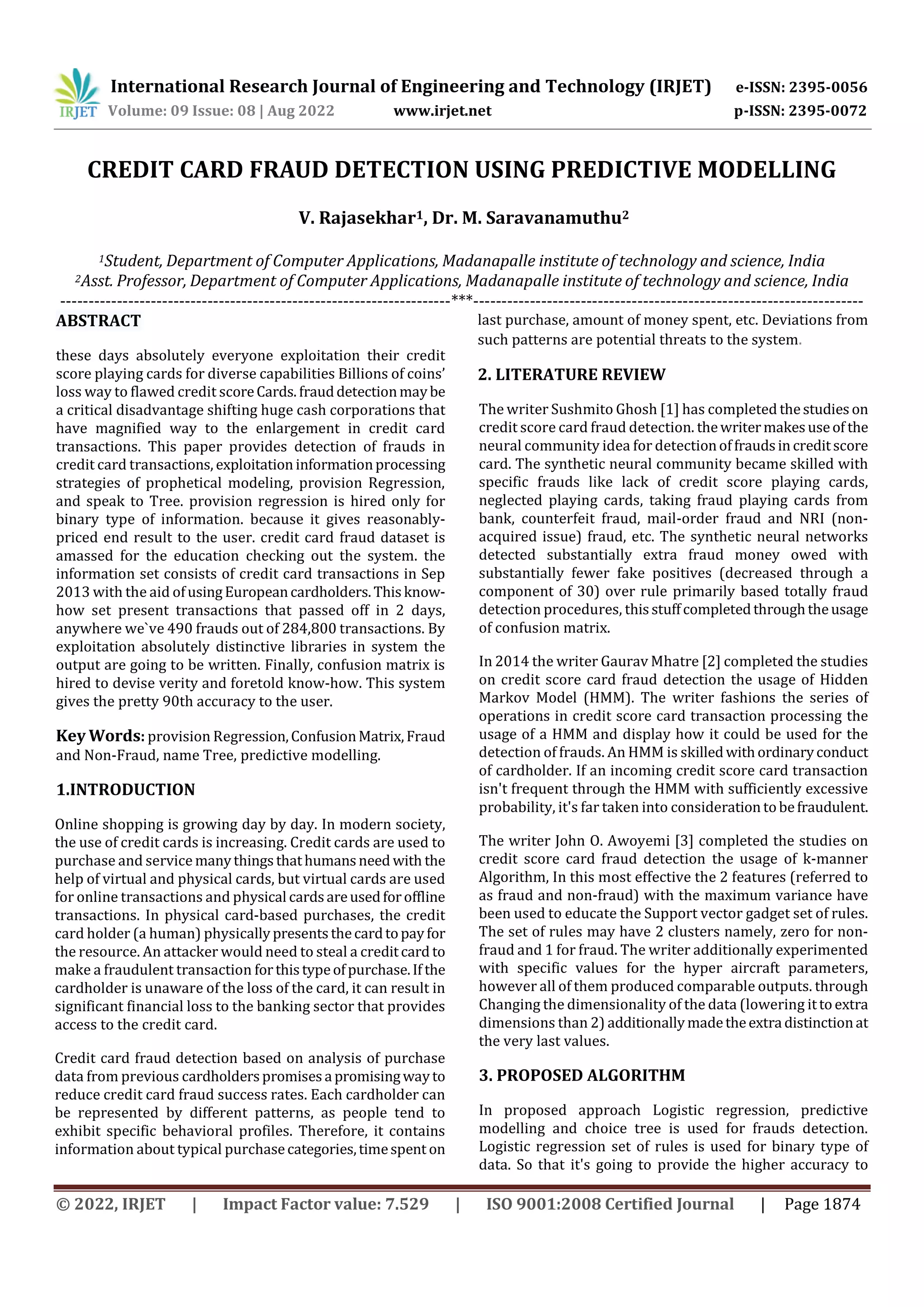 CREDIT CARD FRAUD DETECTION USING PREDICTIVE MODELLING | PDF