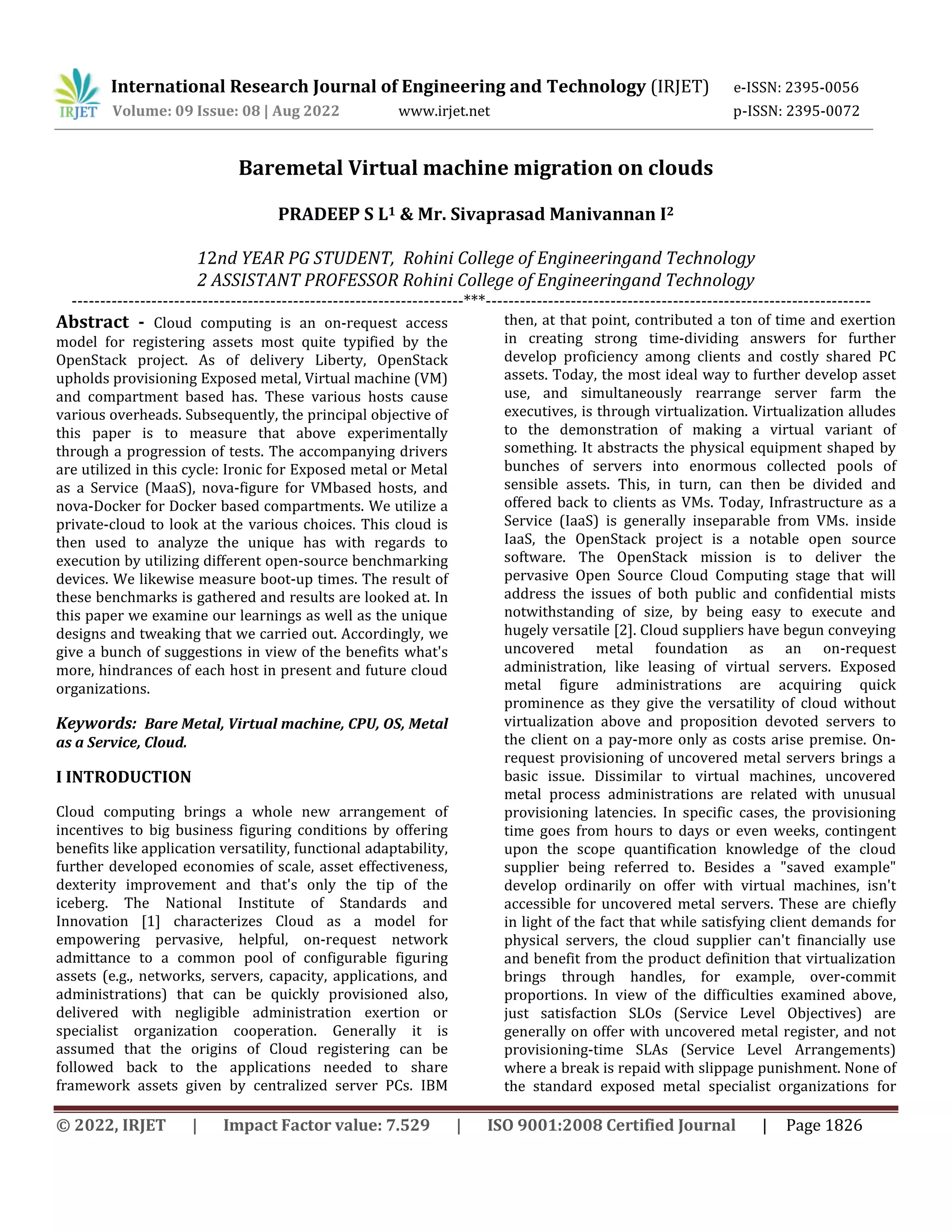 Baremetal Virtual machine migration on clouds | PDF