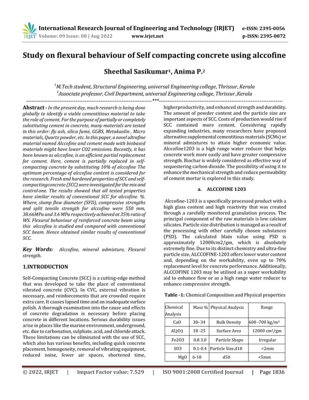 Study on flexural behaviour of Self compacting concrete using alccofine | PDF