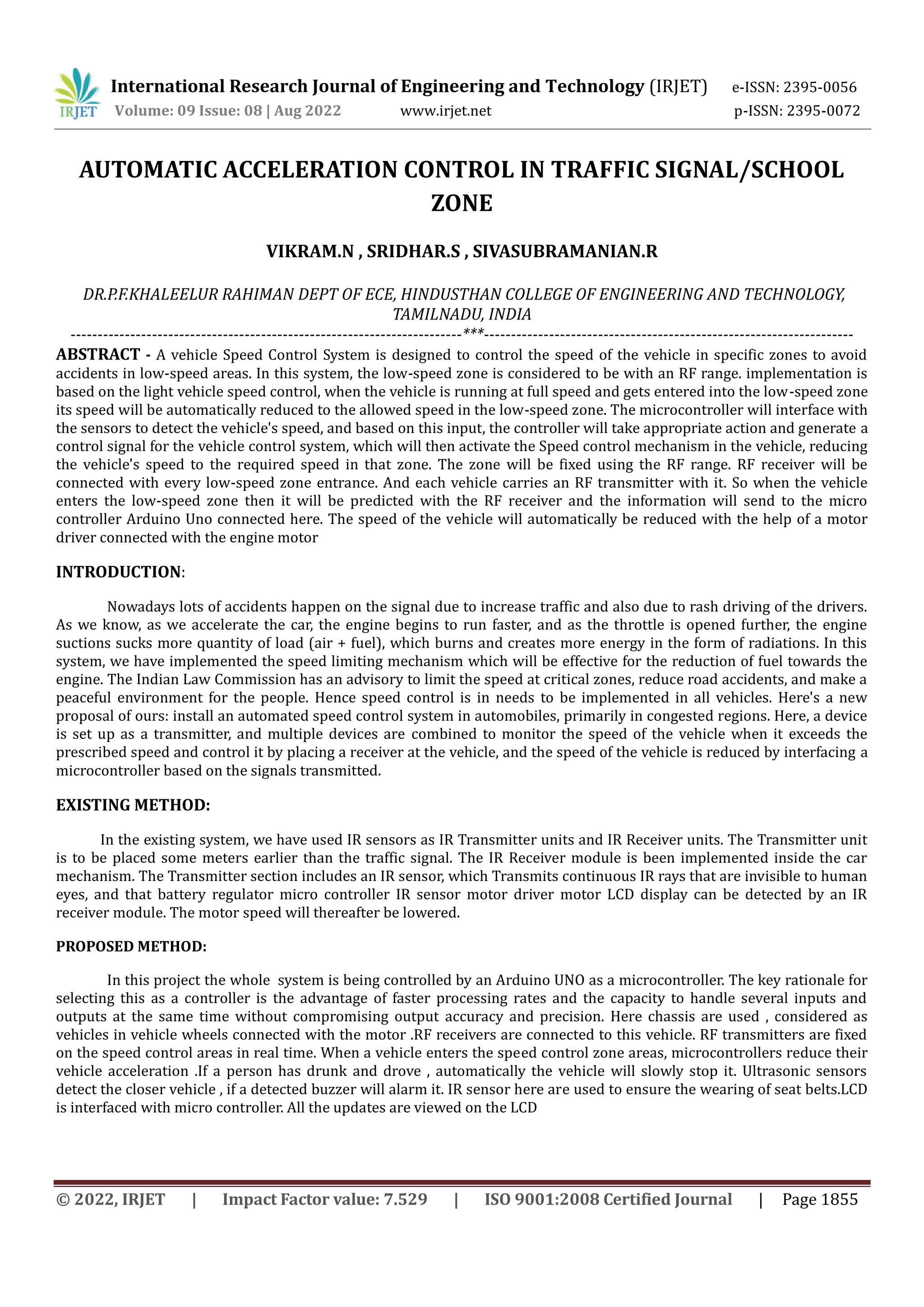 AUTOMATIC ACCELERATION CONTROL IN TRAFFIC SIGNAL/SCHOOL ZONE | PDF
