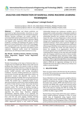 ANALYSIS AND PREDICTION OF RAINFALL USING MACHINE LEARNING TECHNIQUES | PDF