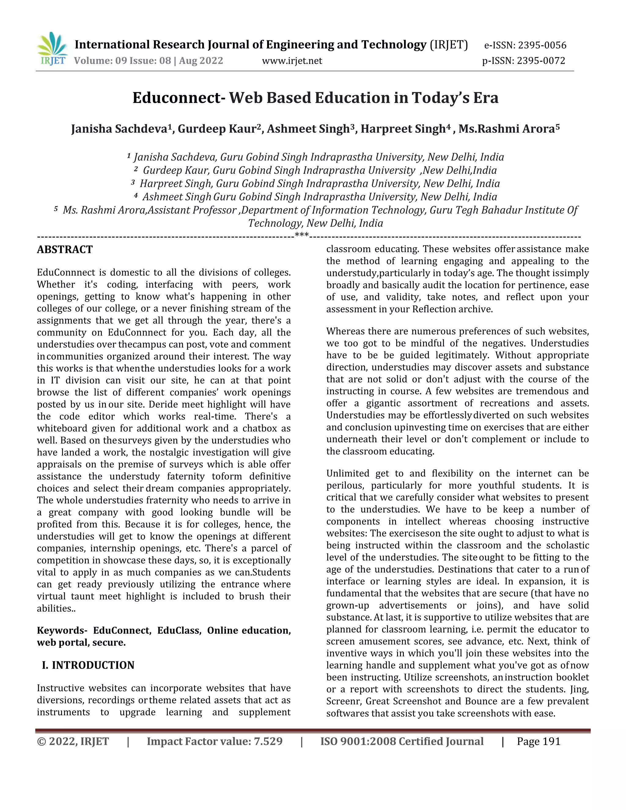 Educonnect- Web Based Education in Today’s Era | PDF