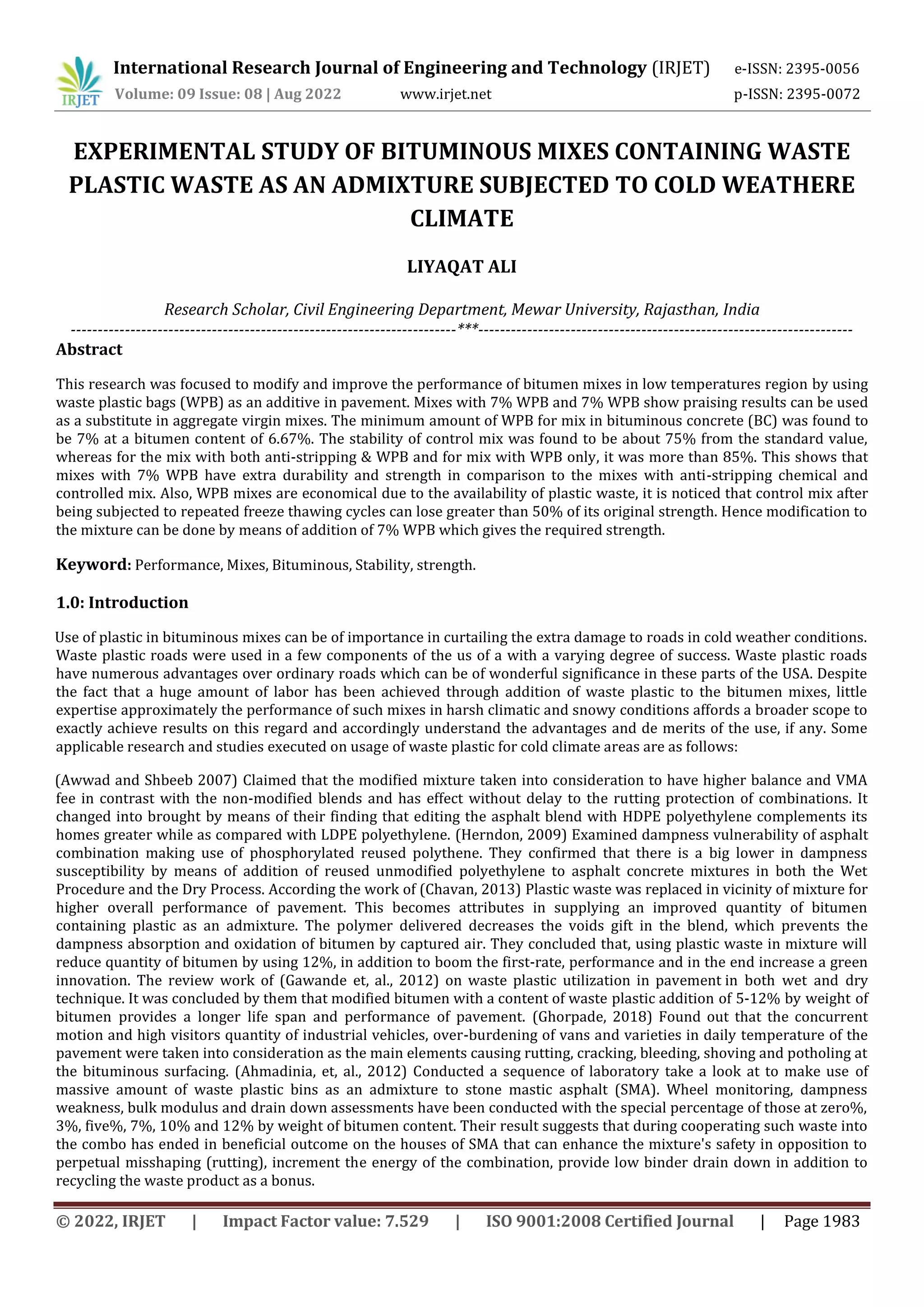EXPERIMENTAL STUDY OF BITUMINOUS MIXES CONTAINING WASTE PLASTIC WASTE ...