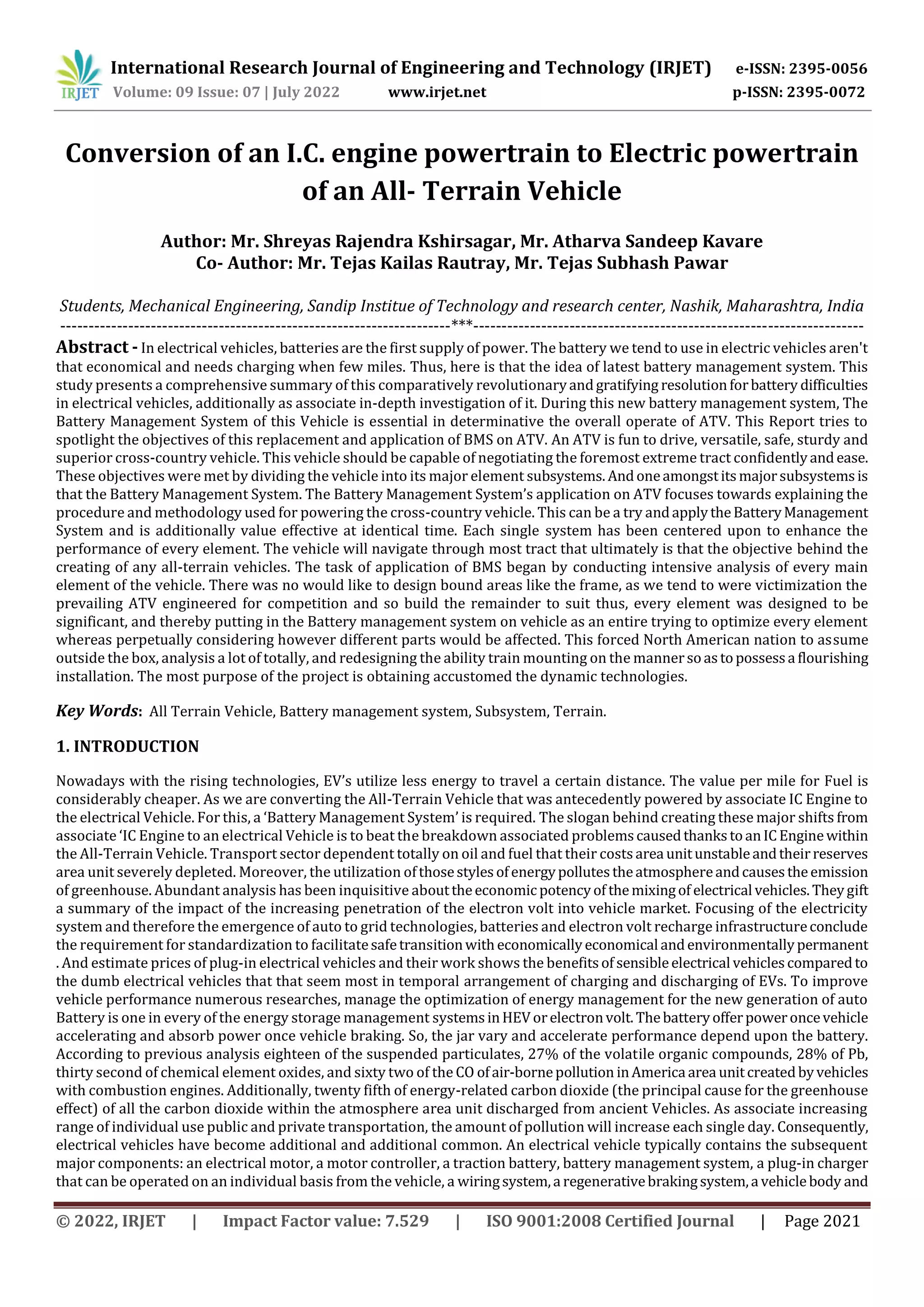 Conversion of an I.C. engine powertrain to Electric powertrain of an ...