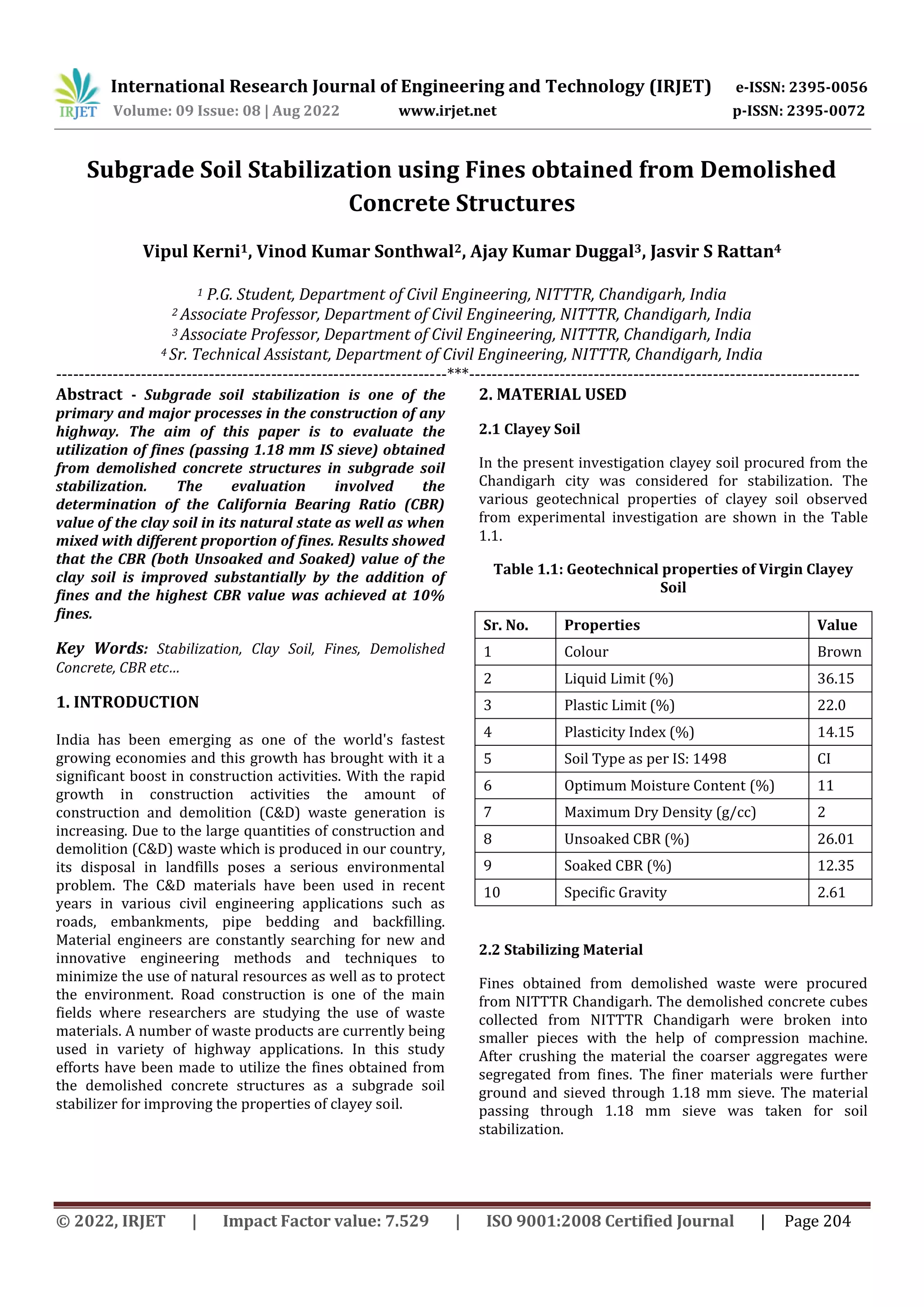 Subgrade Soil Stabilization using Fines obtained from Demolished Concrete Structures | PDF