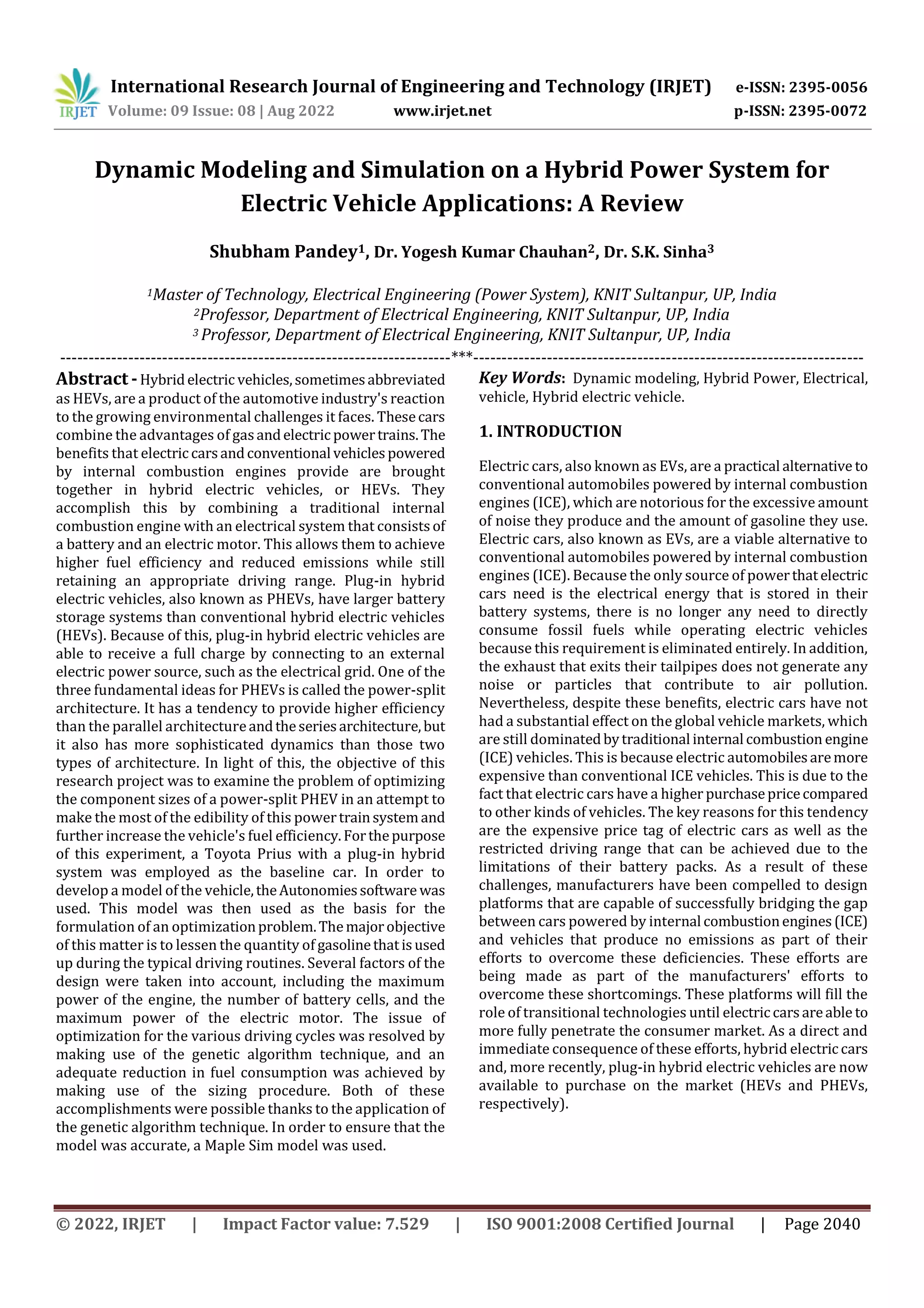 Dynamic Modeling and Simulation on a Hybrid Power System for Electric Vehicle Applications: A ...