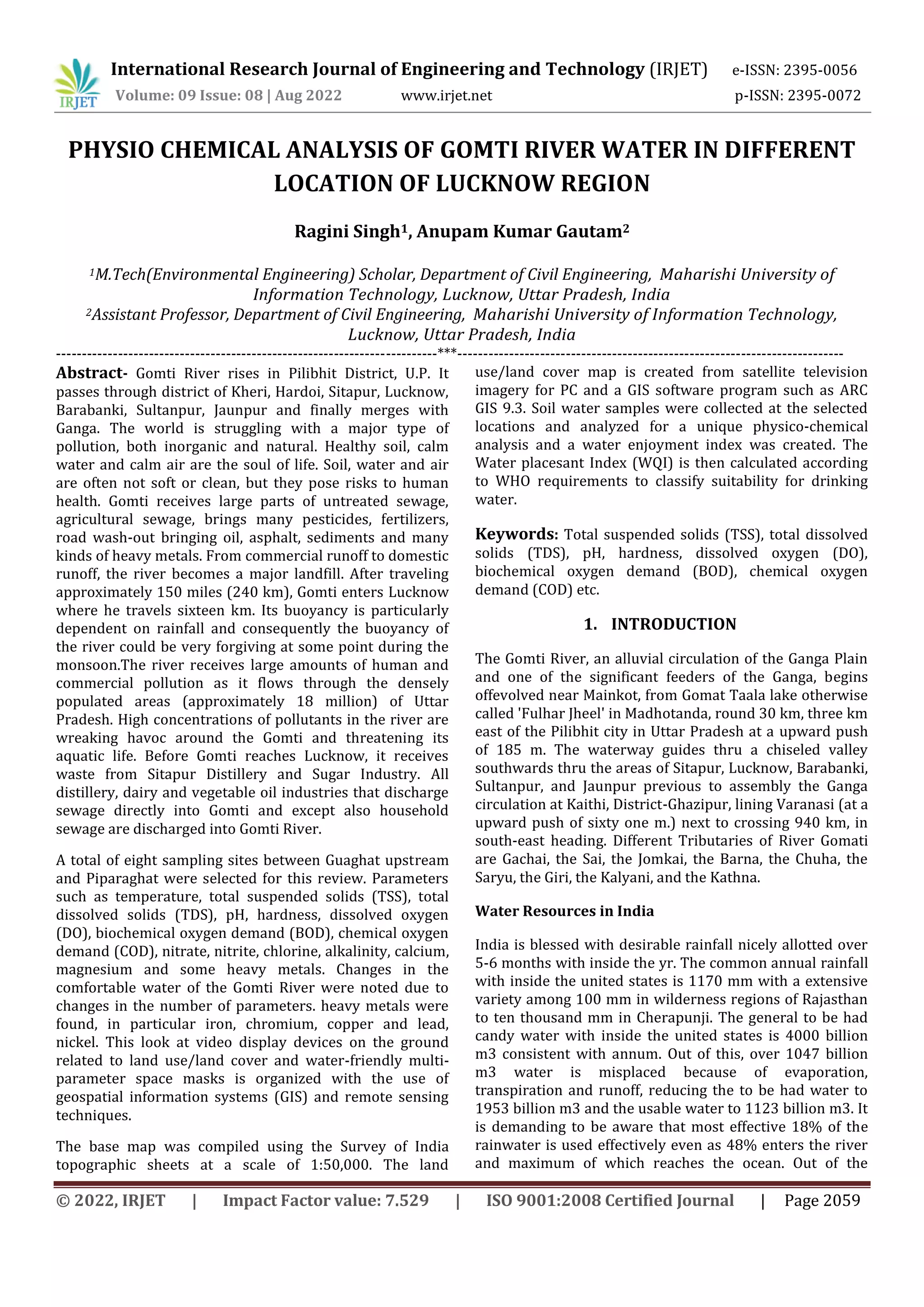 PHYSIO CHEMICAL ANALYSIS OF GOMTI RIVER WATER IN DIFFERENT LOCATION OF LUCKNOW REGION | PDF