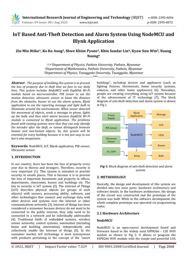 Iot Based Anti Theft Detection And Alarm System Using Nodemcu And Blynk Application Pdf
