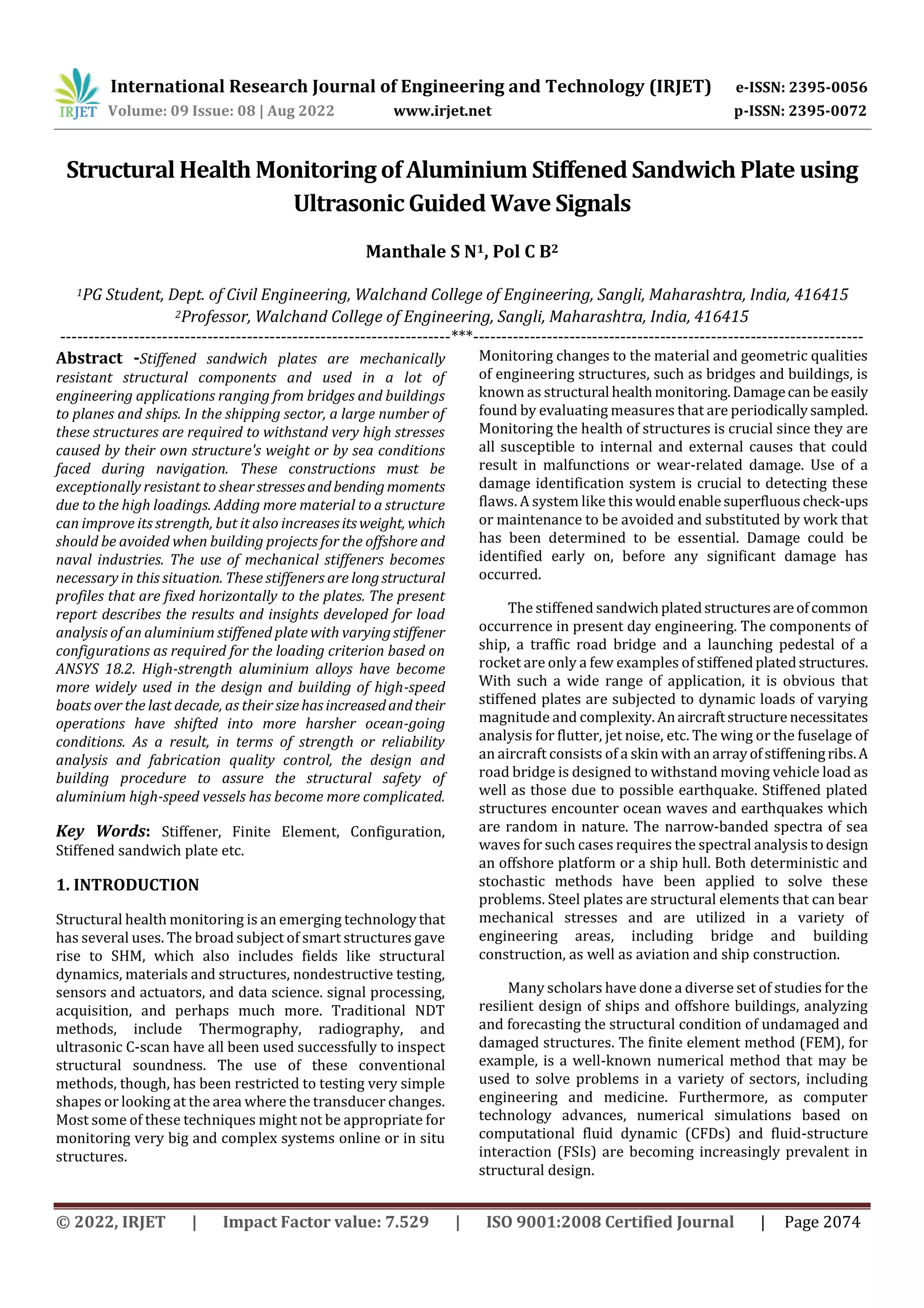 Structural Health Monitoring of Aluminium Stiffened Sandwich Plate using Ultrasonic Guided Wave ...
