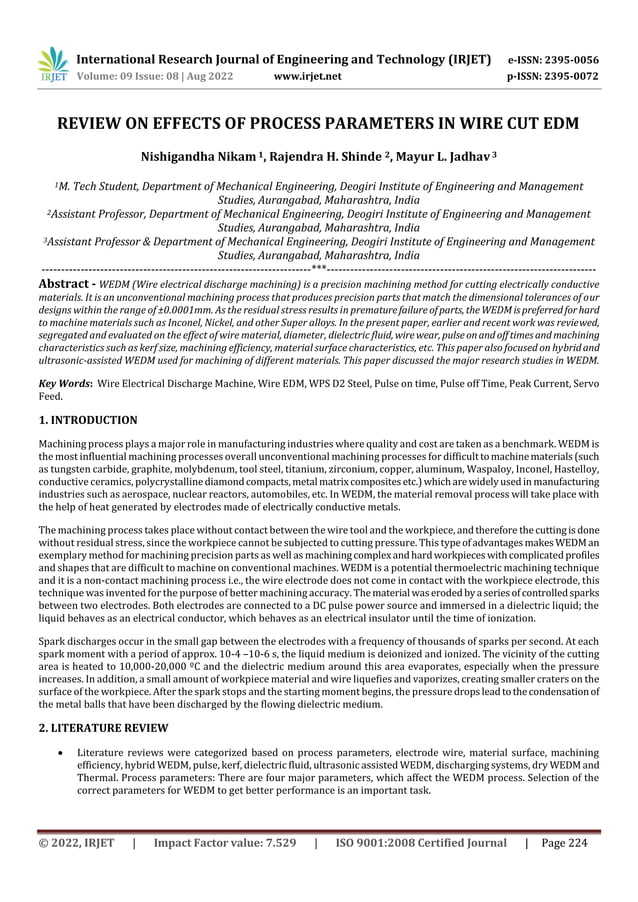 REVIEW ON EFFECTS OF PROCESS PARAMETERS IN WIRE CUT EDM | PDF