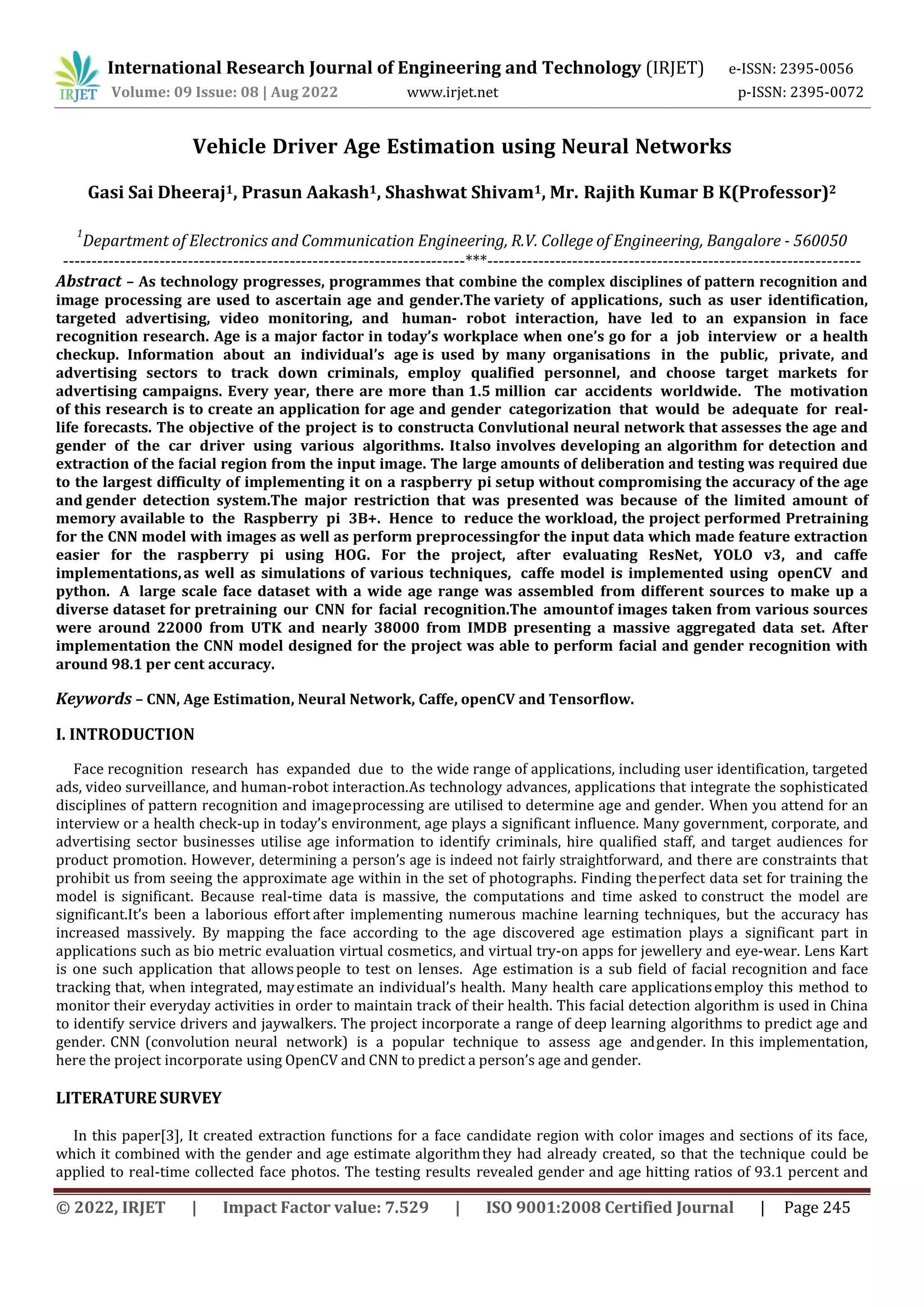 Vehicle Driver Age Estimation using Neural Networks | PDF