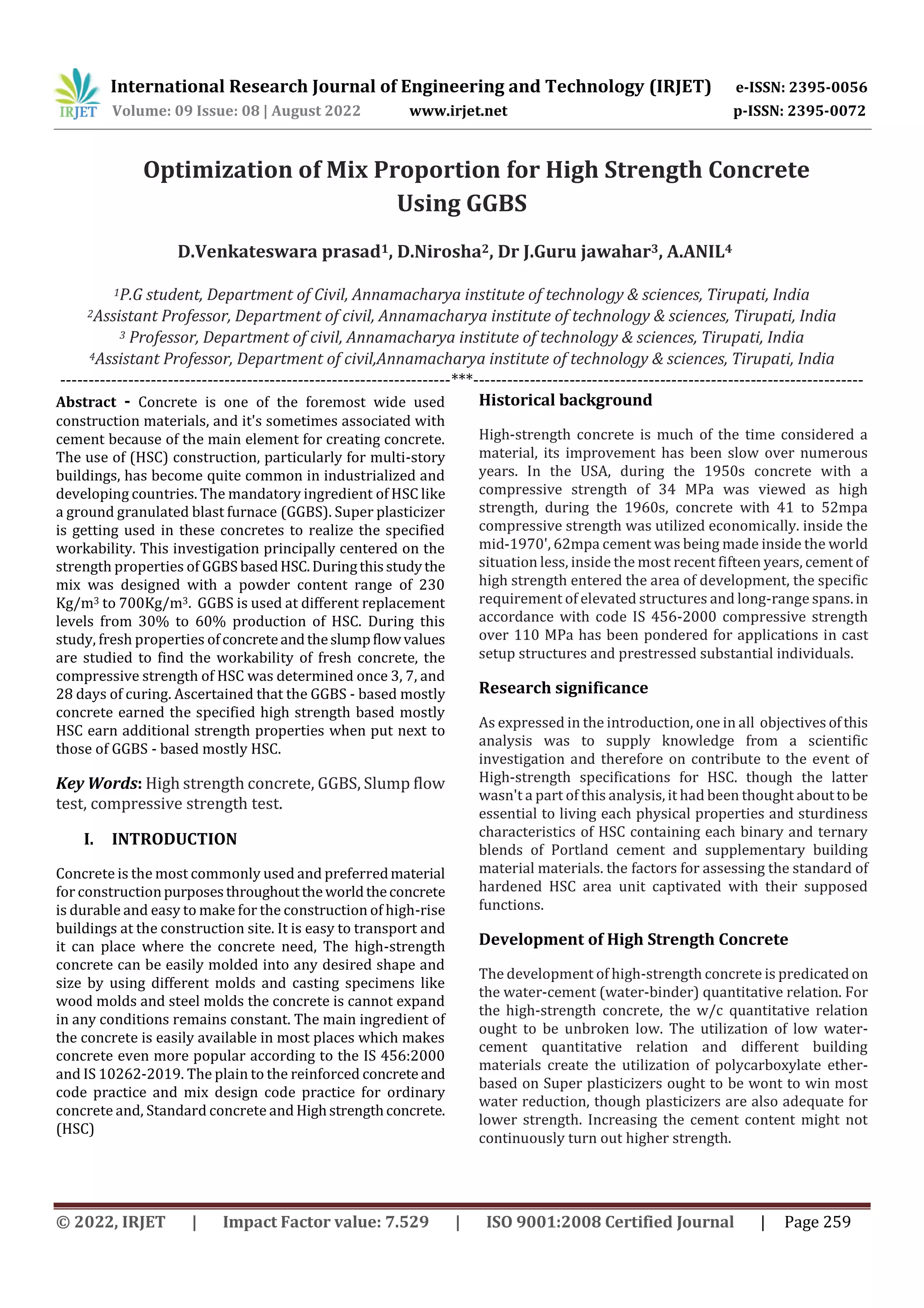 Optimization of Mix Proportion for High Strength Concrete Using GGBS | PDF