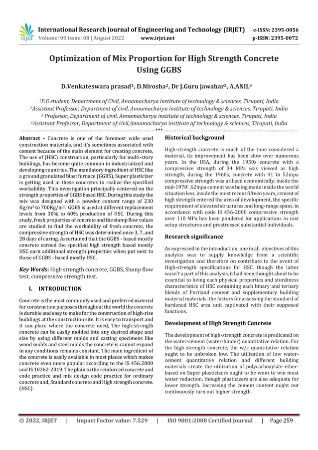 Optimization of Mix Proportion for High Strength Concrete Using GGBS | PDF