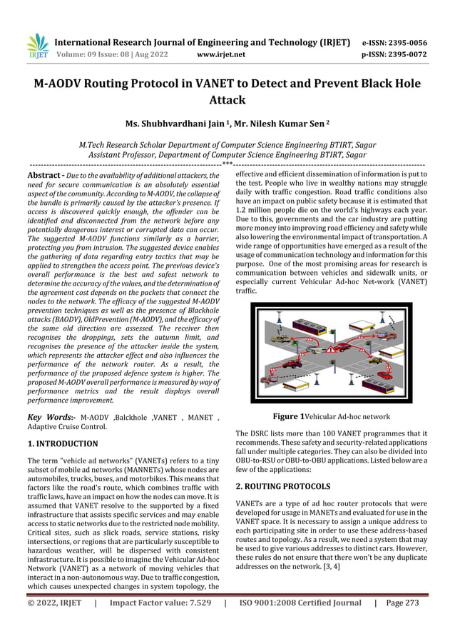 M-AODV Routing Protocol in VANET to Detect and Prevent Black Hole Attack | PDF