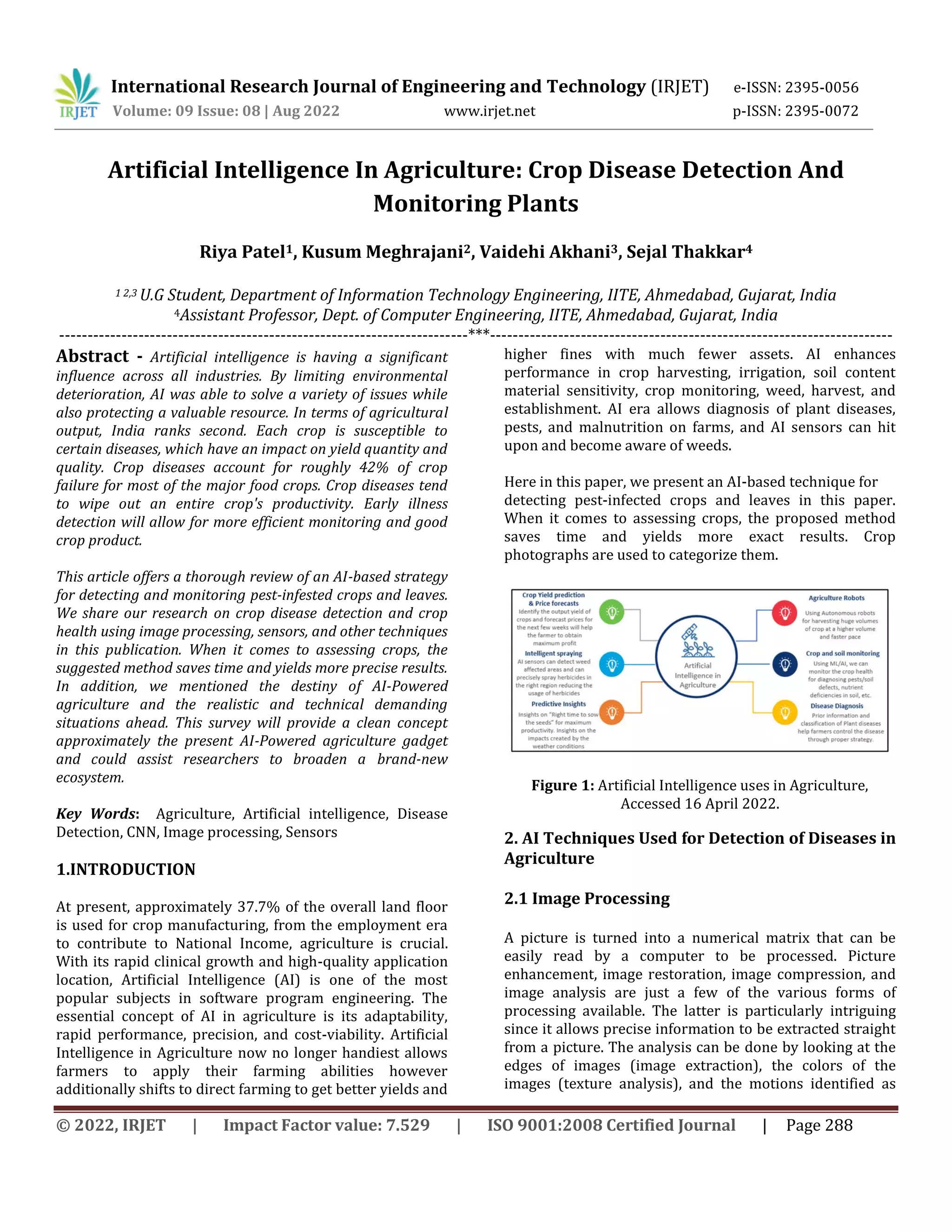 Artificial Intelligence In Agriculture: Crop Disease Detection And Monitoring Plants | PDF