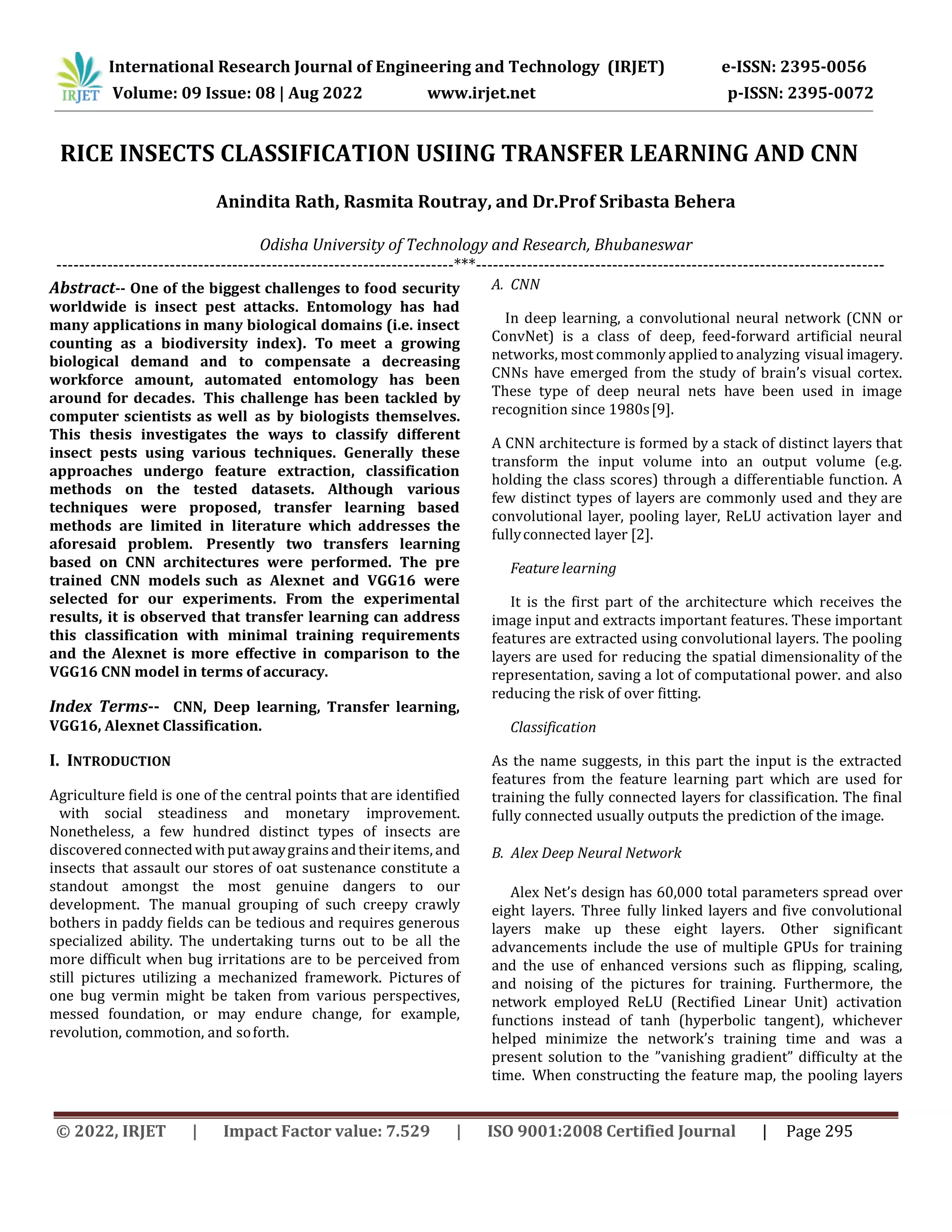 RICE INSECTS CLASSIFICATION USIING TRANSFER LEARNING AND CNN | PDF