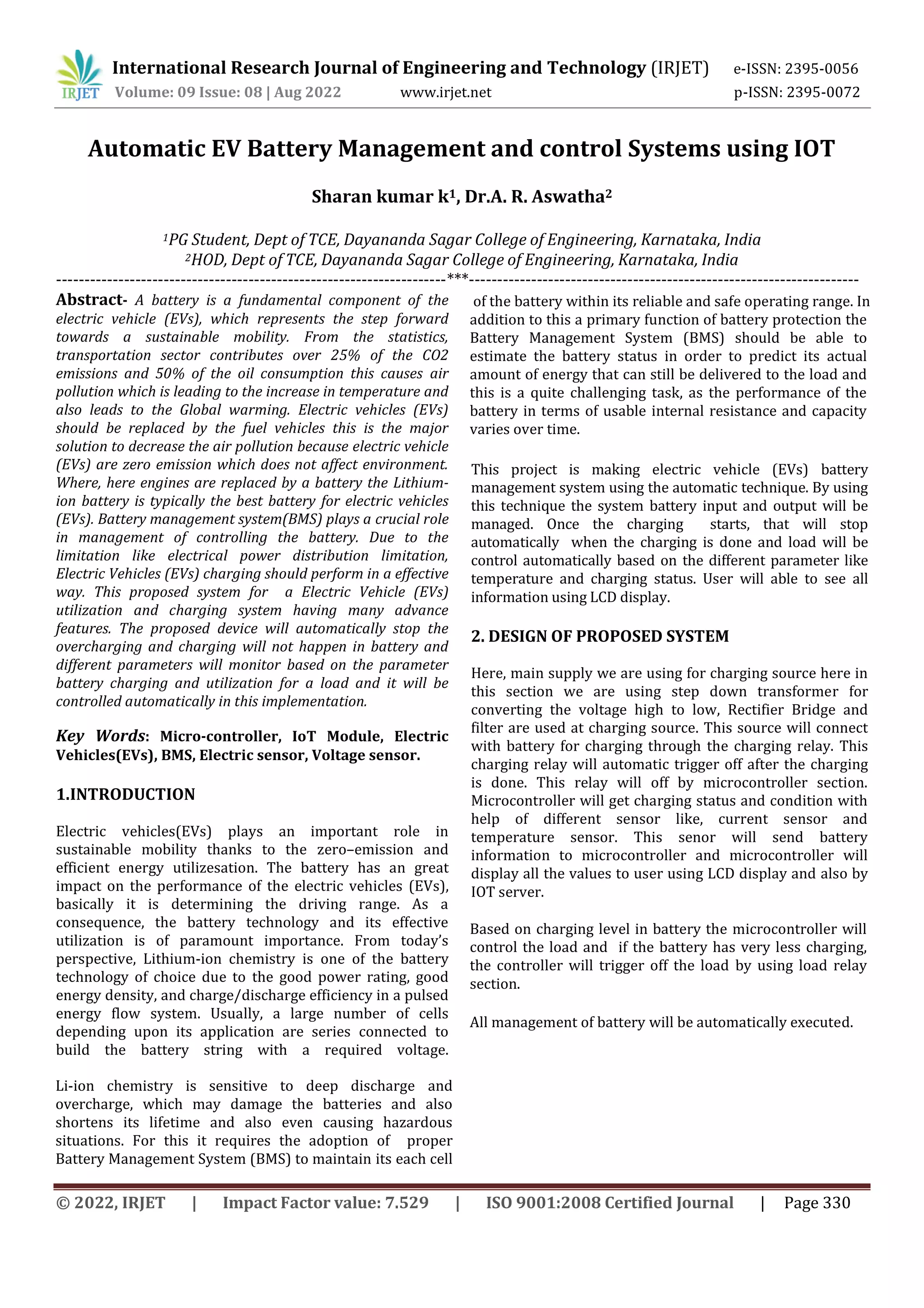 Automatic EV Battery Management and control Systems using IOT | PDF