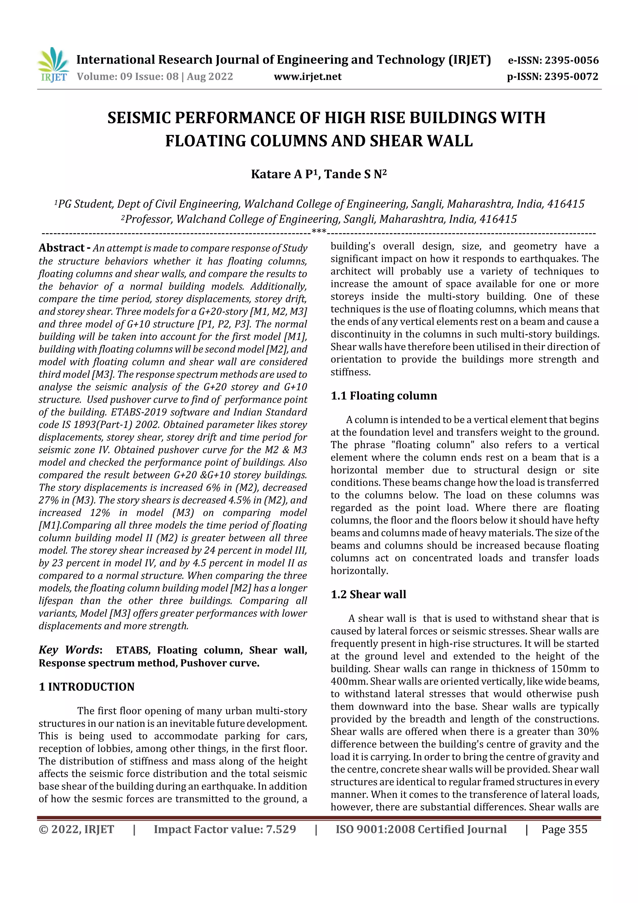SEISMIC PERFORMANCE OF HIGH RISE BUILDINGS WITH FLOATING COLUMNS AND SHEAR WALL | PDF