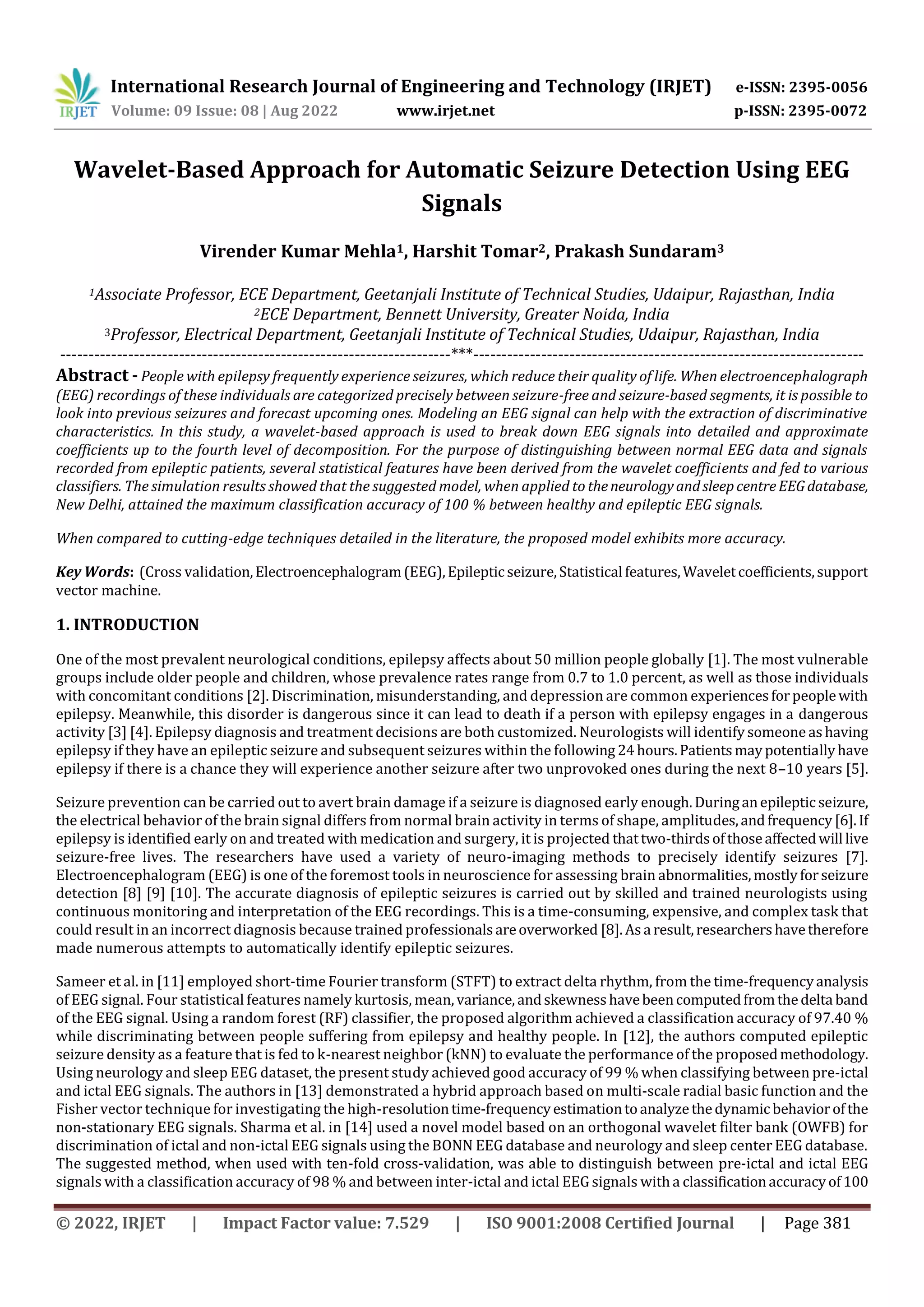 Wavelet-Based Approach for Automatic Seizure Detection Using EEG Signals | PDF