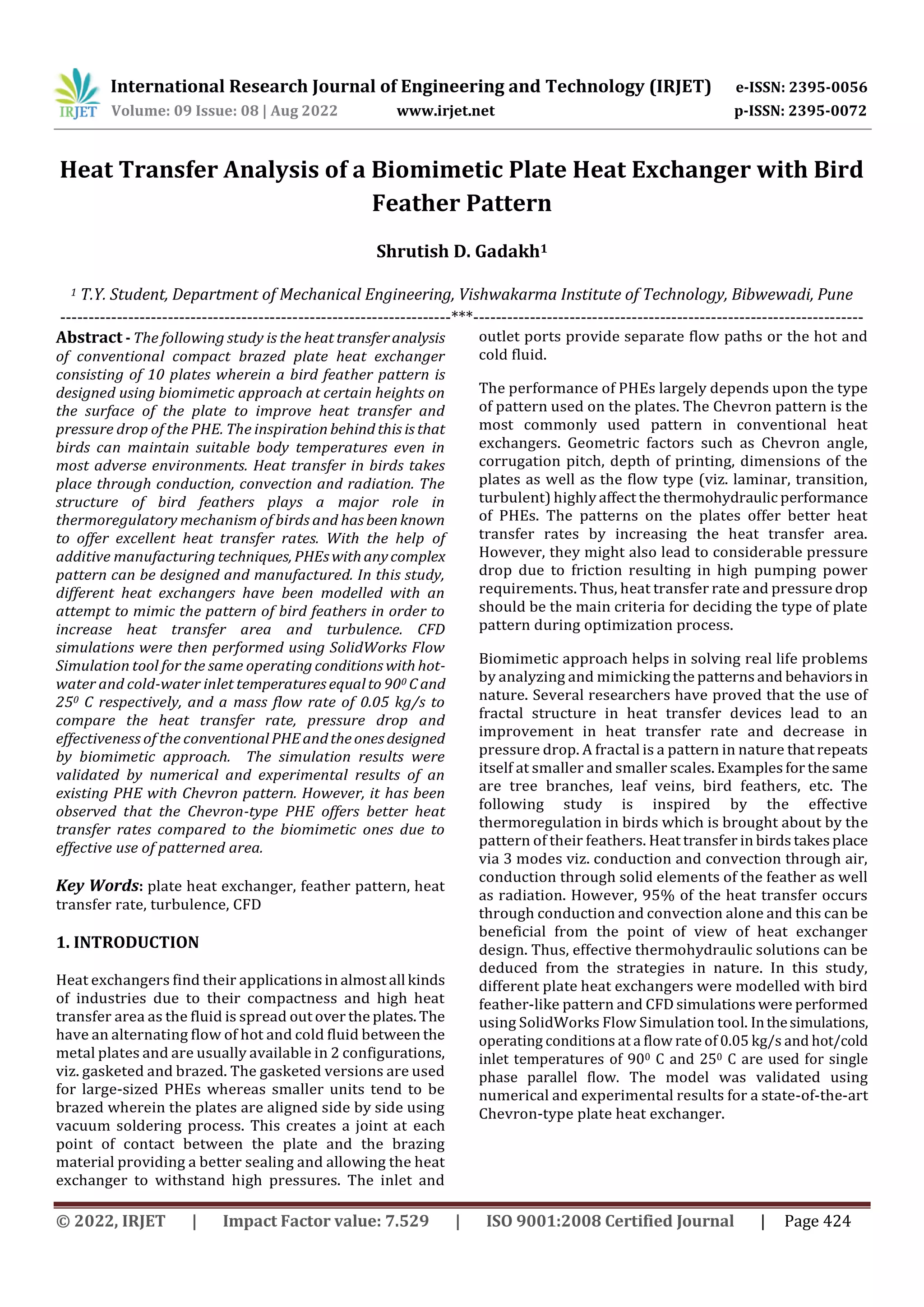 Heat Transfer Analysis of a Biomimetic Plate Heat Exchanger with Bird ...