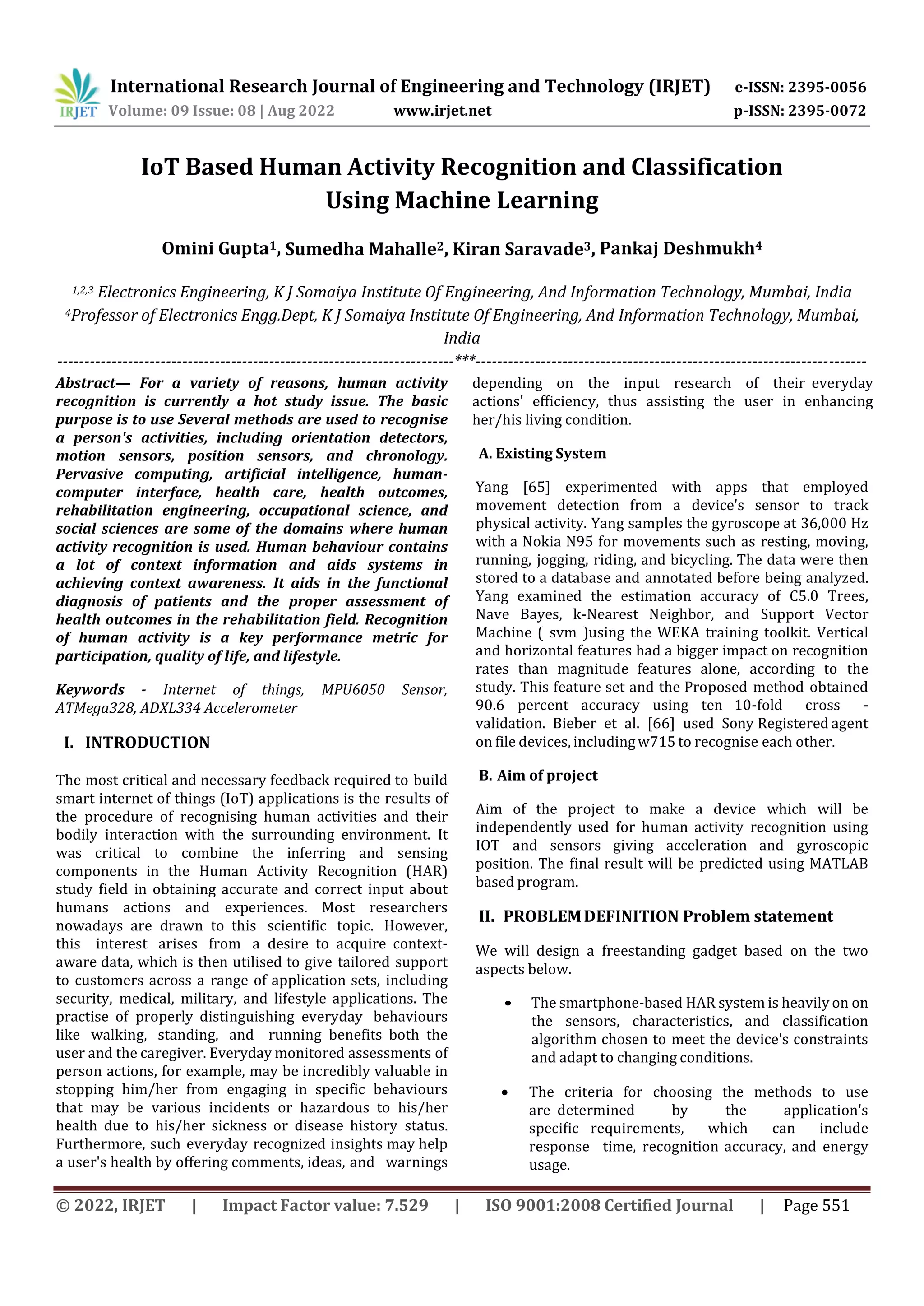 IoT Based Human Activity Recognition and Classification Using Machine Learning | PDF