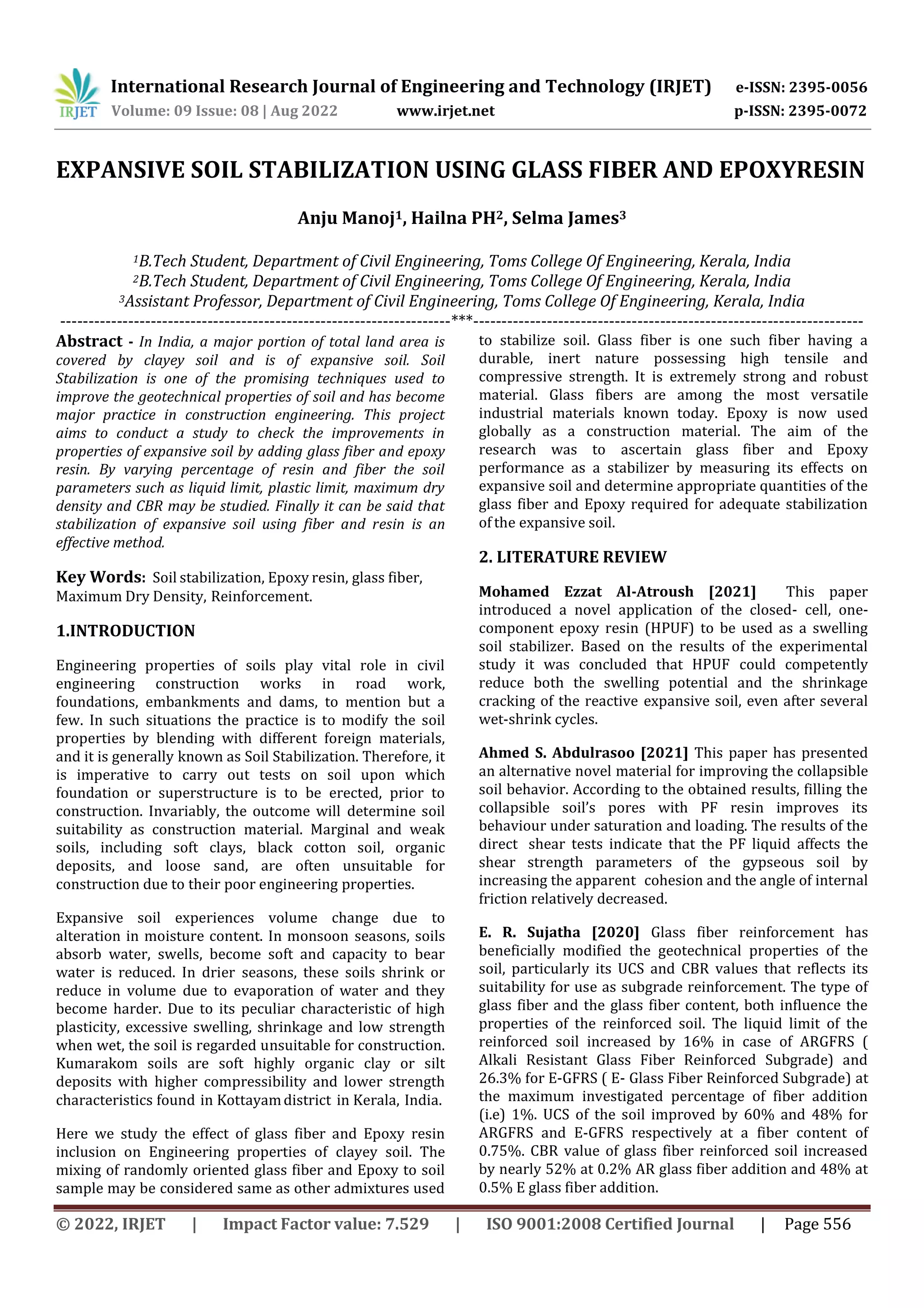 EXPANSIVE SOIL STABILIZATION USING GLASS FIBER AND EPOXYRESIN | PDF ...